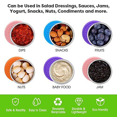 6Pack 2.4oz Small Condiment Containers with Lids, Salad Dressing Container To Go, Stainless Steel Sauce Container with Silicone Lids, Leakproof, Reusable, Small Dipping Sauce Cups with Lids