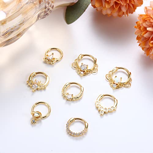 SAILIMUE 8Pcs 16G Septum Rings Daith Earrings Septum Piercing Jewelry 316L Stainless Steel CZ Opal Dangle Hinged Segment Septum Clicker Nose Rings Hoop Piercing Jewelry Gold 8MM