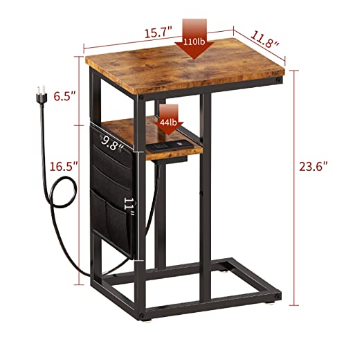 SUPERJARE C Shaped End Table with Charging Station, Side Table with Storage Bag, Couch Table, C Table with USB Port and Outlet, for Living Room, Bed Room, Rustic Brown