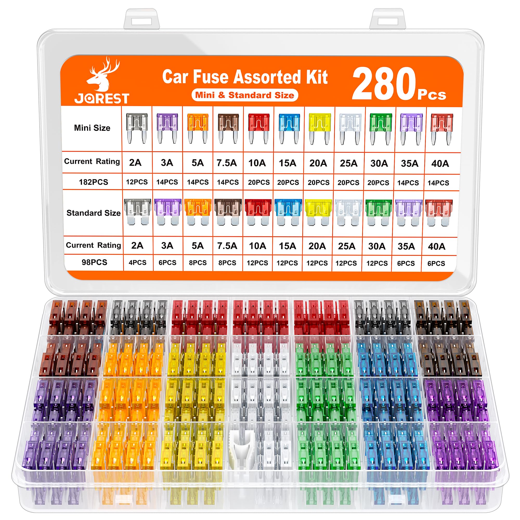 JOREST 280 Pcs Fuse Kit,182 Mini Car Fuses Assortment + 98 Standard Auto Blade Fuse, Replacement for Automtive RV Motorcycle Truck (2A 3A 5A 7.5A 10A 15A 20A 25A 30A 35A 40AMP)