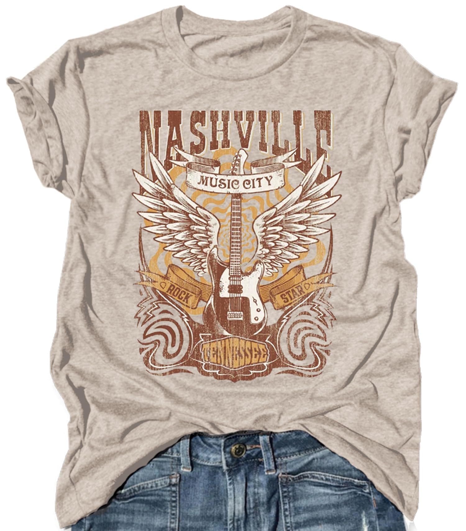 Nashville Graphic Tees for Women Vintage Concert Outfit Summer Retro Rock Band T Shirts Casual Short Sleeve Country Tops (M, Cream Grey)