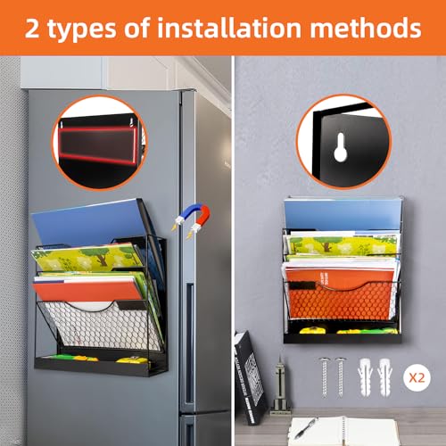 FIROK Magnetic File Holders, 4 Tier Magnetic Paper Holders for Office File Cabinet,Refrigerator, Whiteboard, No Drilling Installation Magnetic Mail Holder Basket Storage Folder Holder,Black