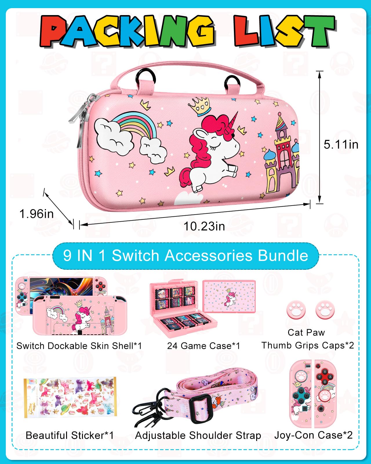 Xinocy for Nintendo Switch OLED 9 in 1 Storage Accessories Kit with Travel Carrying Case+Switch Protective Cover+Game Case Holder+Strap+Sticker+2 Joycon Shells+Thumb Caps Cute for Kids Girls-Cards