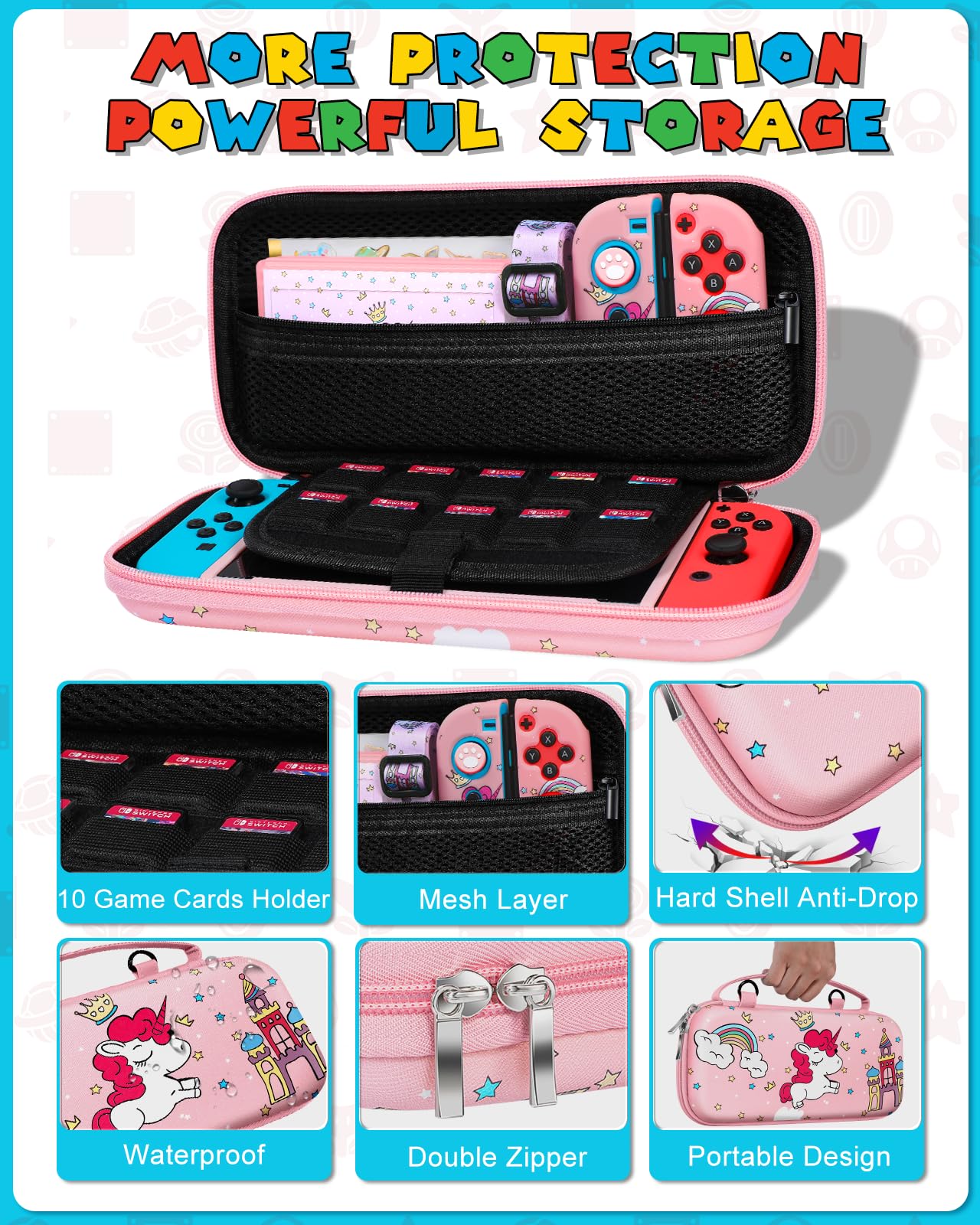 Xinocy for Nintendo Switch OLED 9 in 1 Storage Accessories Kit with Travel Carrying Case+Switch Protective Cover+Game Case Holder+Strap+Sticker+2 Joycon Shells+Thumb Caps Cute for Kids Girls-Cards