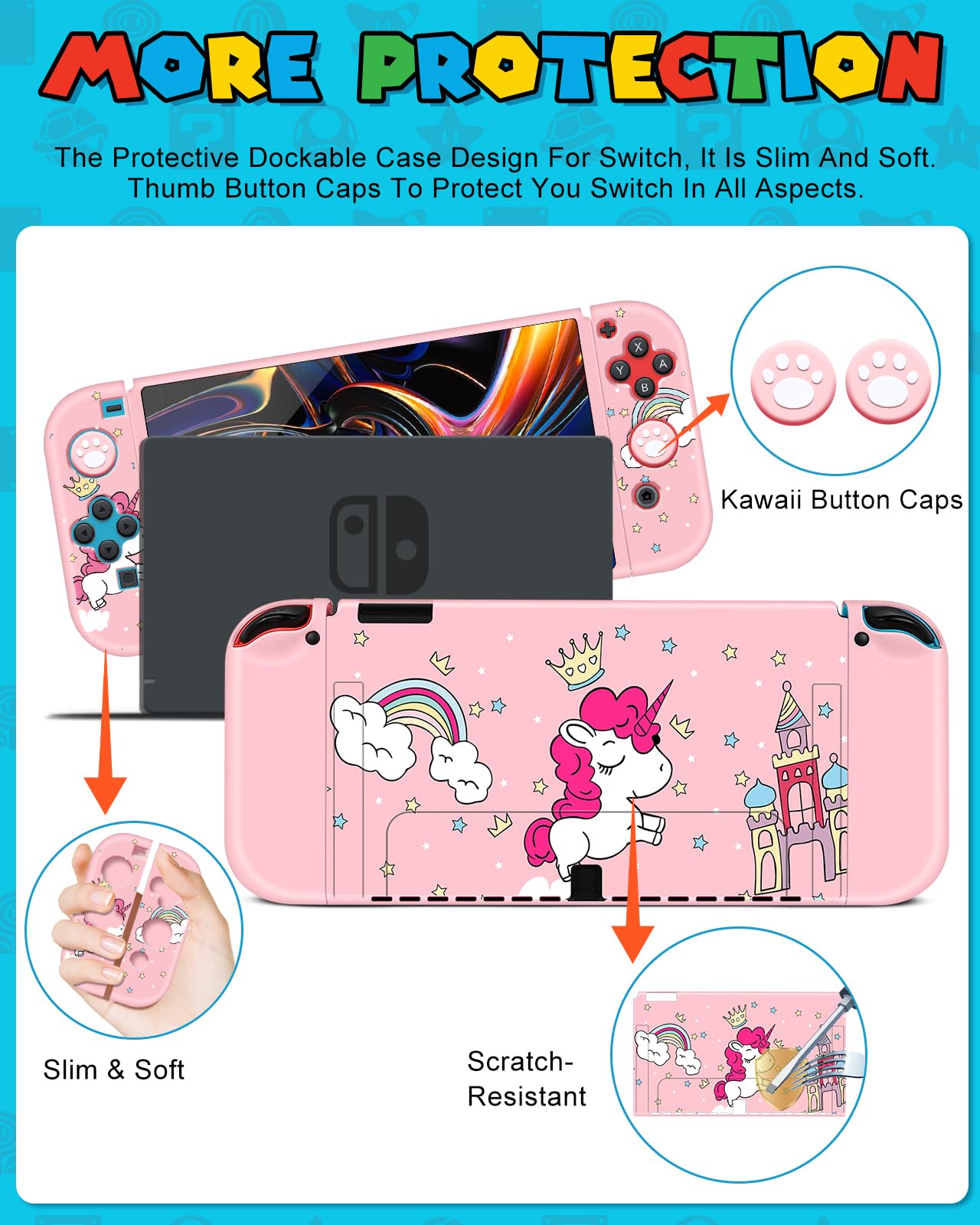 Xinocy for Nintendo Switch OLED 9 in 1 Storage Accessories Kit with Travel Carrying Case+Switch Protective Cover+Game Case Holder+Strap+Sticker+2 Joycon Shells+Thumb Caps Cute for Kids Girls-Cards