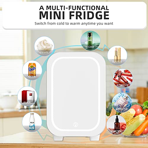 Cegsin Mini Fridge, 6 Liter/8 Cans Small Skincare Fridge with LED Mirror Door, AC/DC Portable Mini Refrigerator for Cosmetic & Makeup, Plug In Cooler and Warmer for Bedroom, Dorm, Office, Car(Beige)
