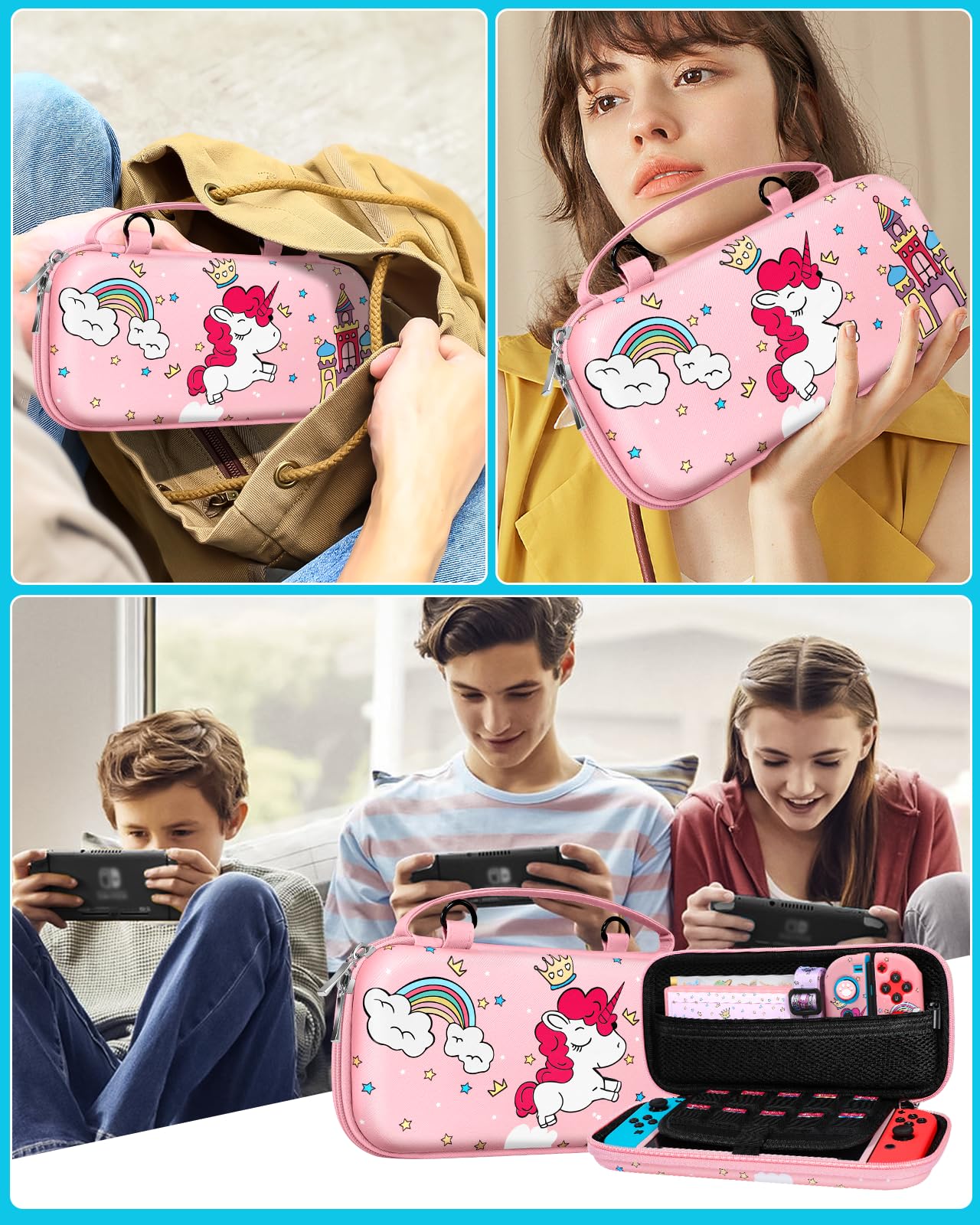 Xinocy for Nintendo Switch OLED 9 in 1 Storage Accessories Kit with Travel Carrying Case+Switch Protective Cover+Game Case Holder+Strap+Sticker+2 Joycon Shells+Thumb Caps Cute for Kids Girls-Cards