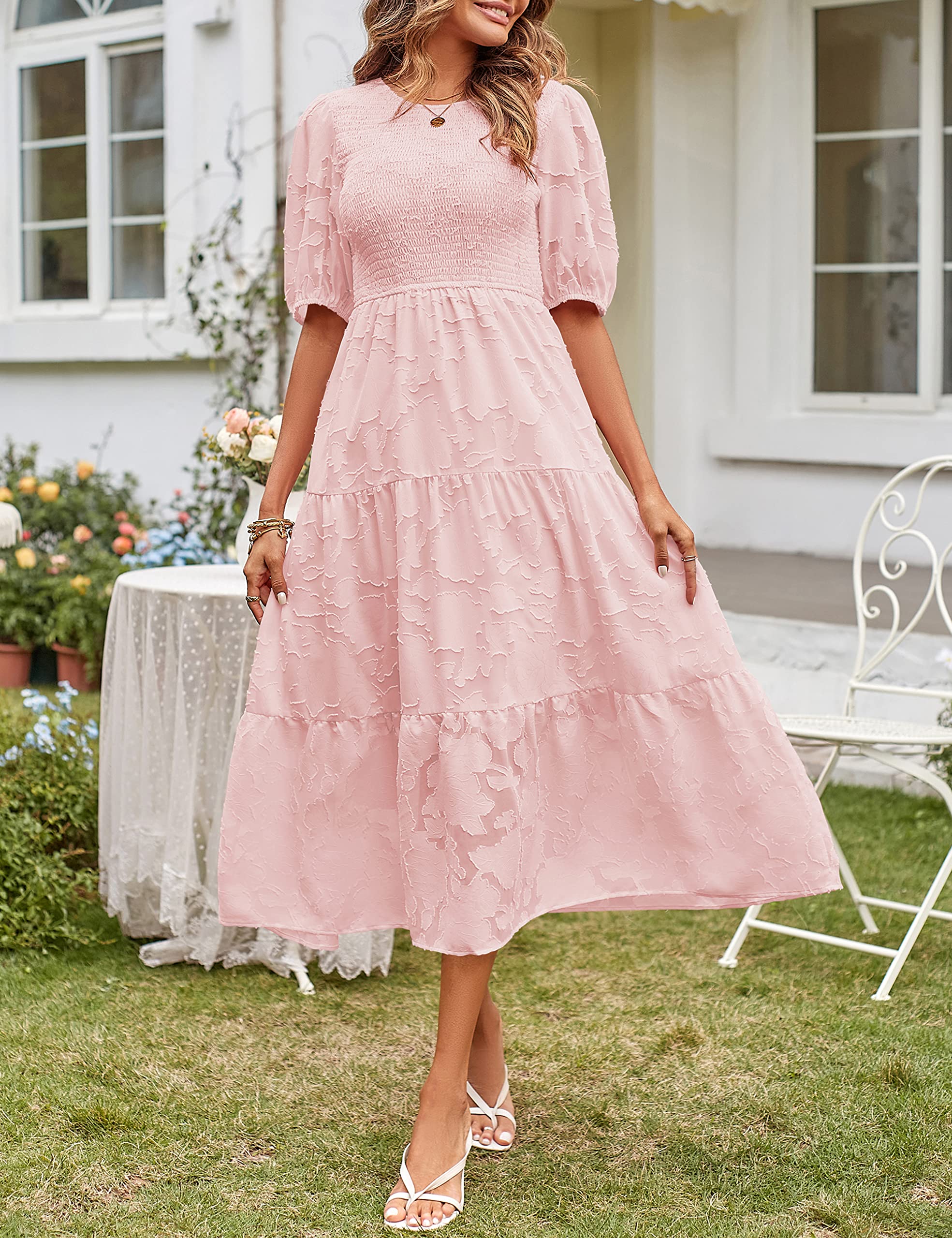 MEROKEETY Summer Dress for Women Elegant Smocked Short Puff Sleeve Floral Solid Midi Maxi Dresses,Pink,L
