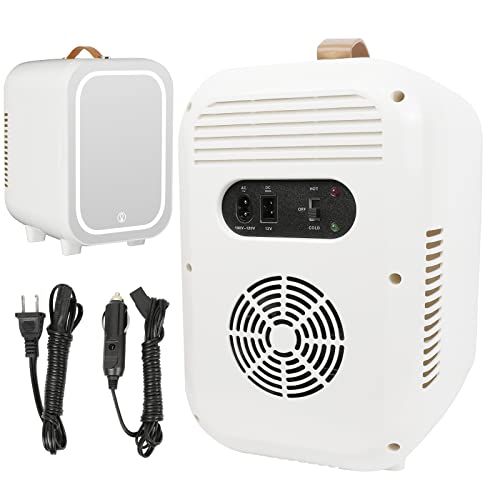 Cegsin Mini Fridge, 6 Liter/8 Cans Small Skincare Fridge with LED Mirror Door, AC/DC Portable Mini Refrigerator for Cosmetic & Makeup, Plug In Cooler and Warmer for Bedroom, Dorm, Office, Car(Beige)