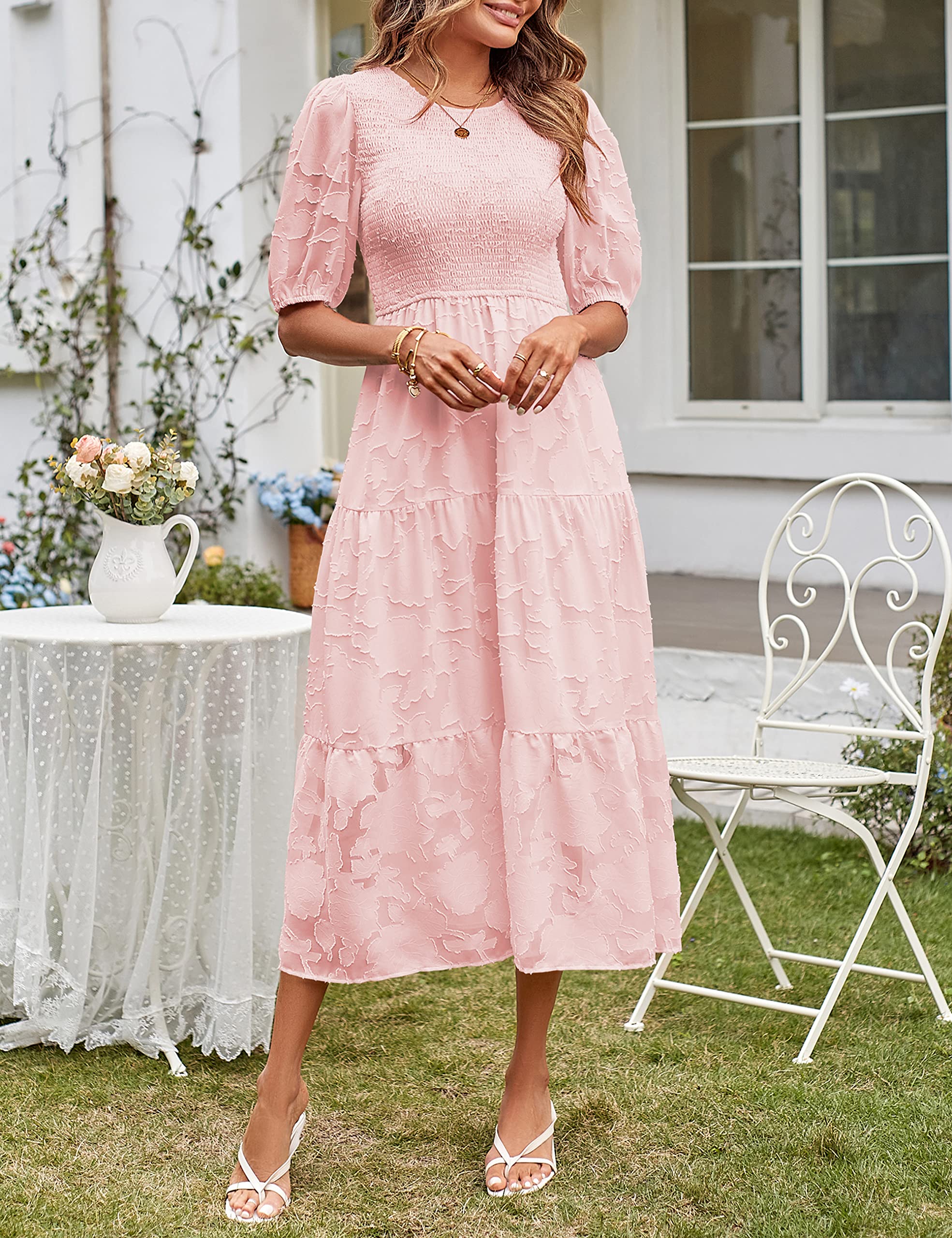 MEROKEETY Summer Dress for Women Elegant Smocked Short Puff Sleeve Floral Solid Midi Maxi Dresses,Pink,L