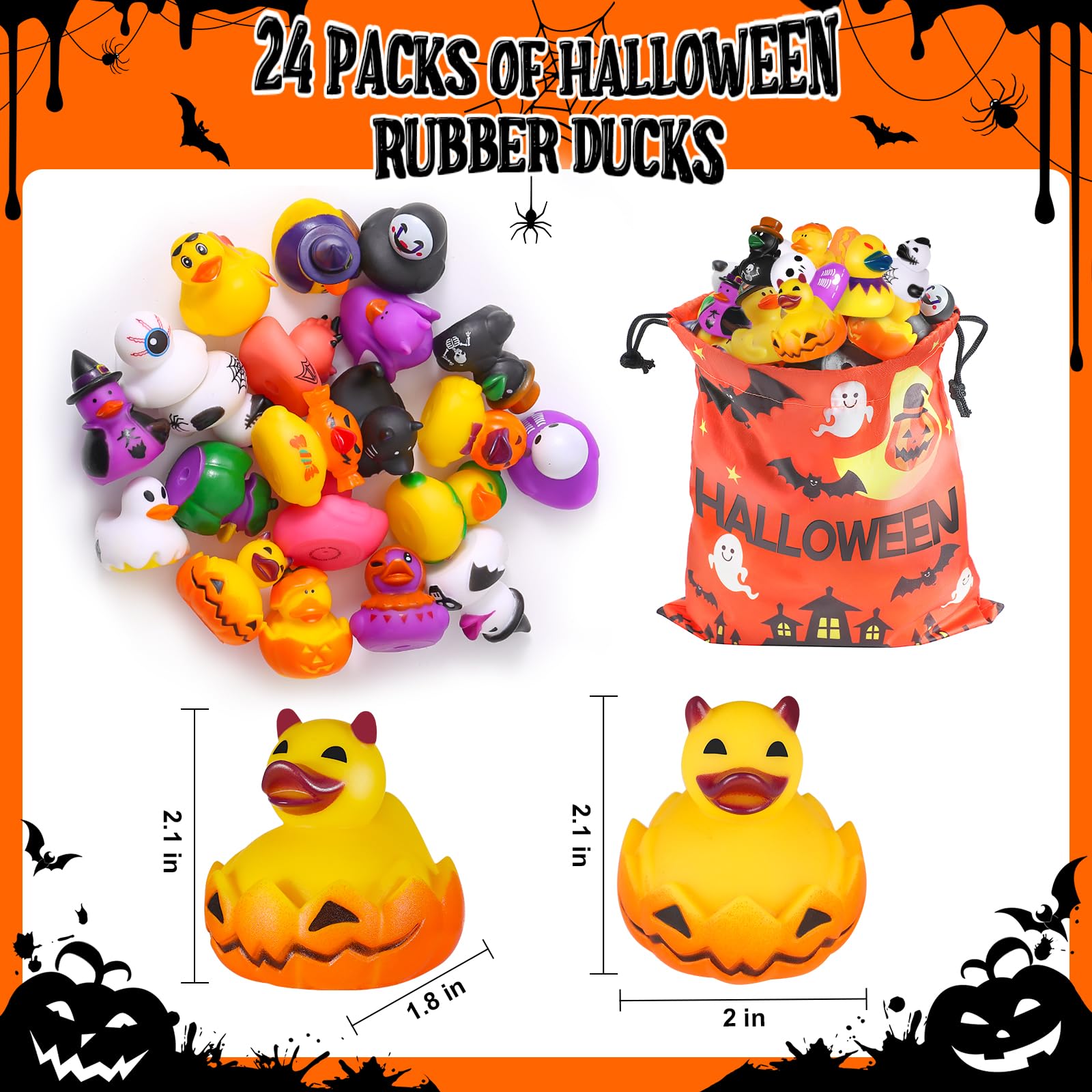 24 Pack Rubber Ducks with Bag - Halloween Party Favors & Bath Toys for Kids - Goodie Bag Fillers & Jeep Ducks for Gifting