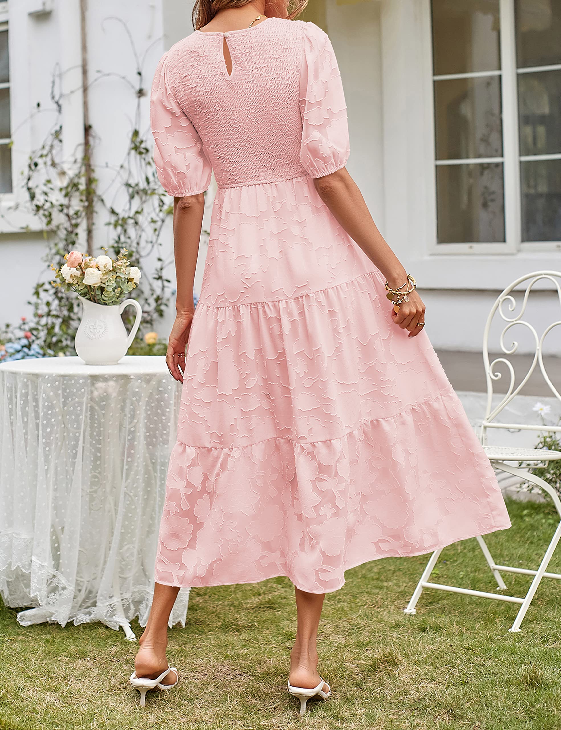MEROKEETY Summer Dress for Women Elegant Smocked Short Puff Sleeve Floral Solid Midi Maxi Dresses,Pink,L