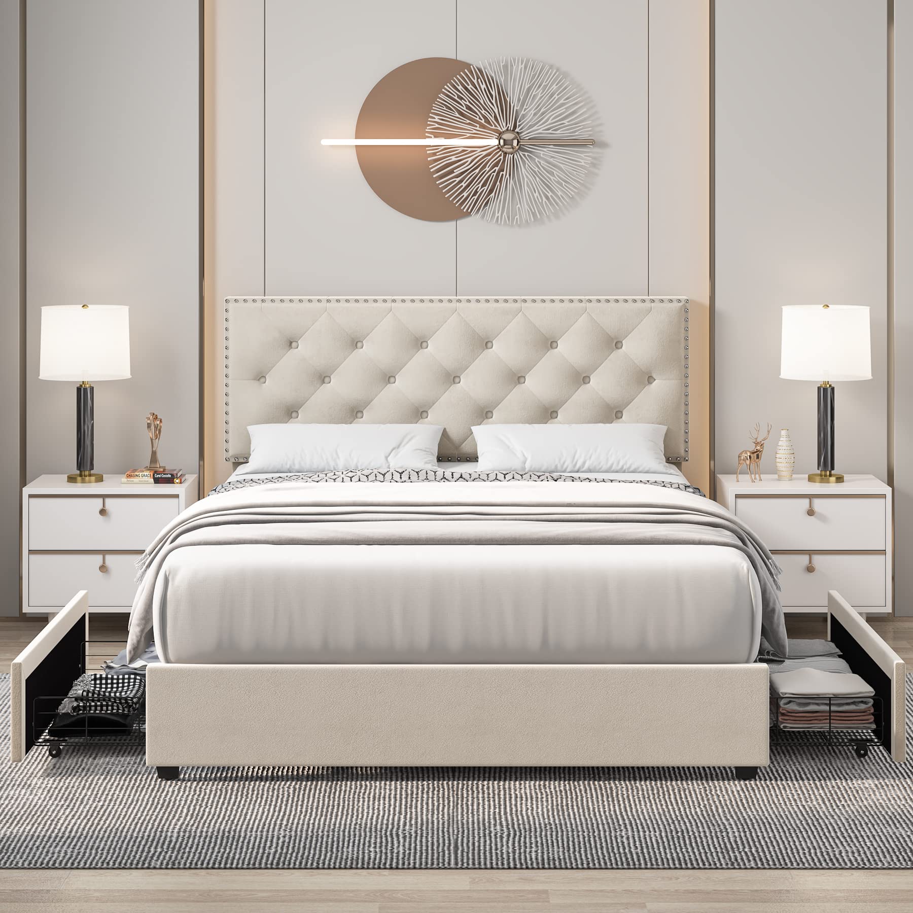 HOSTACK Full Size Bed Frame with 4 Storage Drawers, Modern Upholstered Platform Bed with Adjustable Headboard,Button Tufted Bed Frame with Wood Slat Support,No Box Spring Needed(Beige, Full)