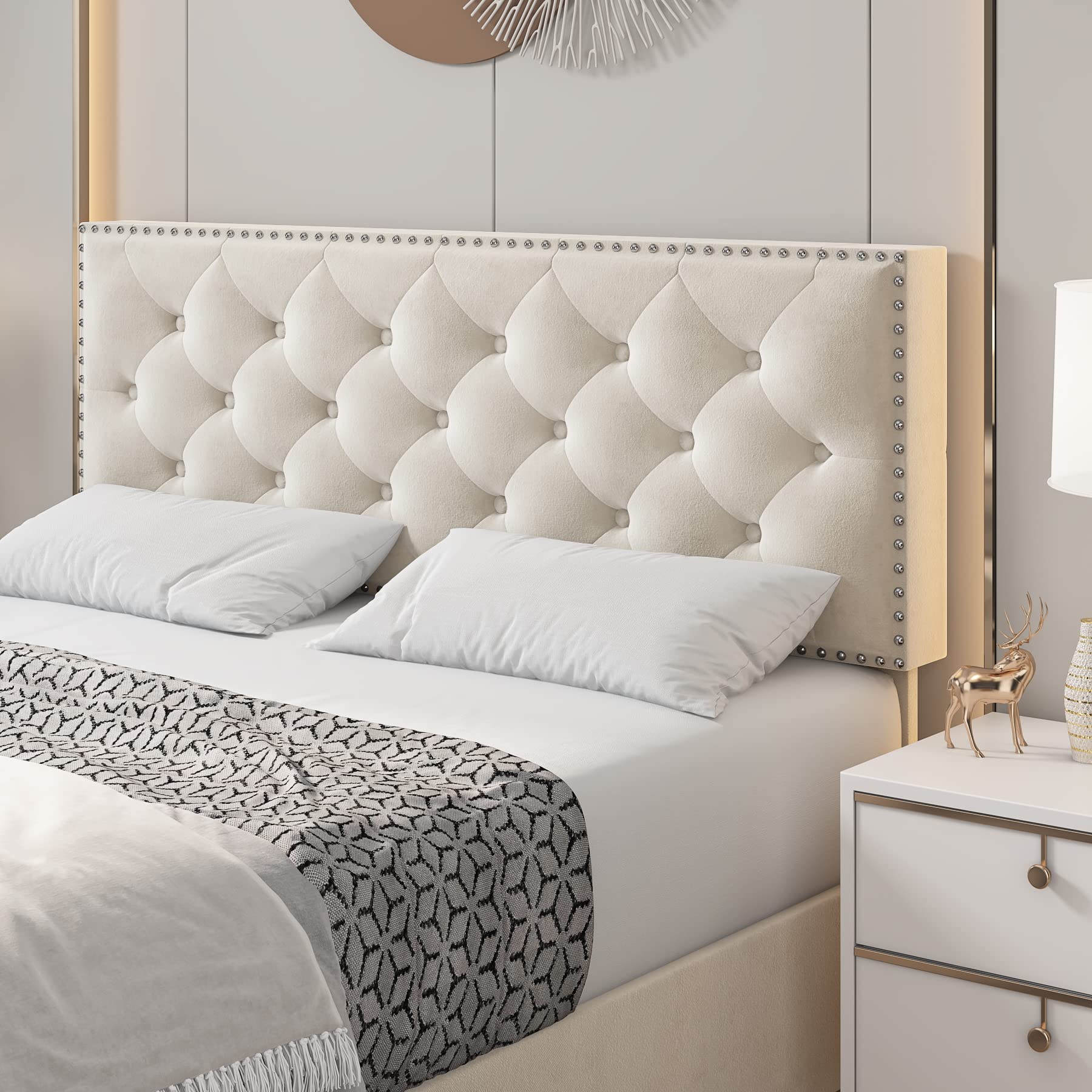HOSTACK Full Size Bed Frame with 4 Storage Drawers, Modern Upholstered Platform Bed with Adjustable Headboard,Button Tufted Bed Frame with Wood Slat Support,No Box Spring Needed(Beige, Full)