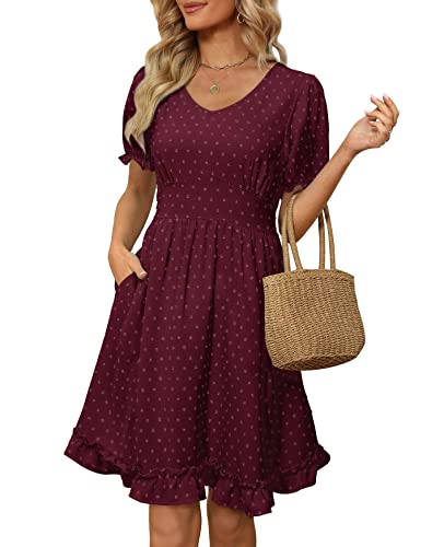 OFEEFAN Ladies Summer Dresses Puff Sleeve Summer Swiss Dot Dress for Women Wine Red L