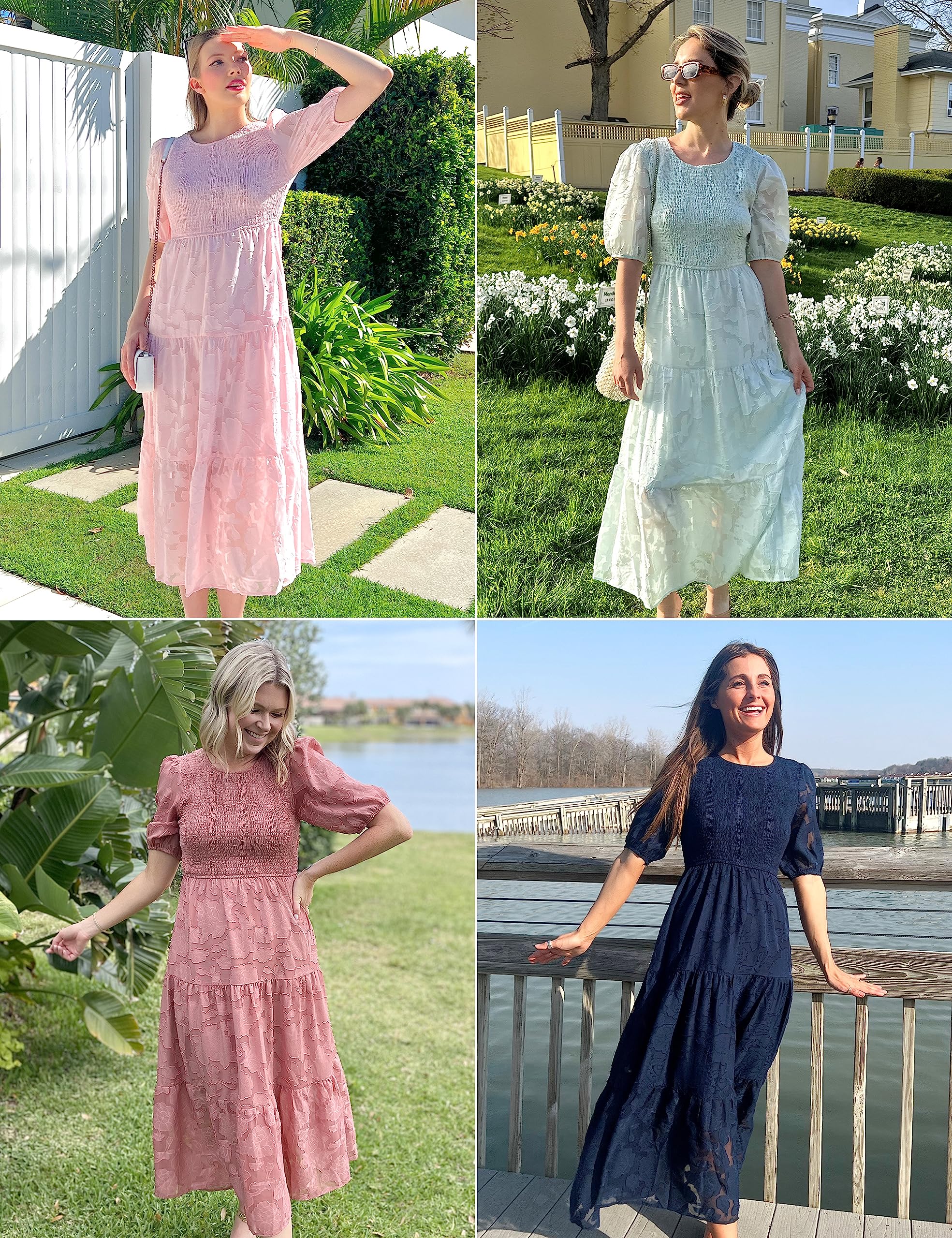 MEROKEETY Summer Dress for Women Elegant Smocked Short Puff Sleeve Floral Solid Midi Maxi Dresses,Pink,L