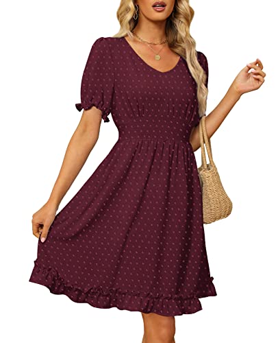 OFEEFAN Ladies Summer Dresses Puff Sleeve Summer Swiss Dot Dress for Women Wine Red L