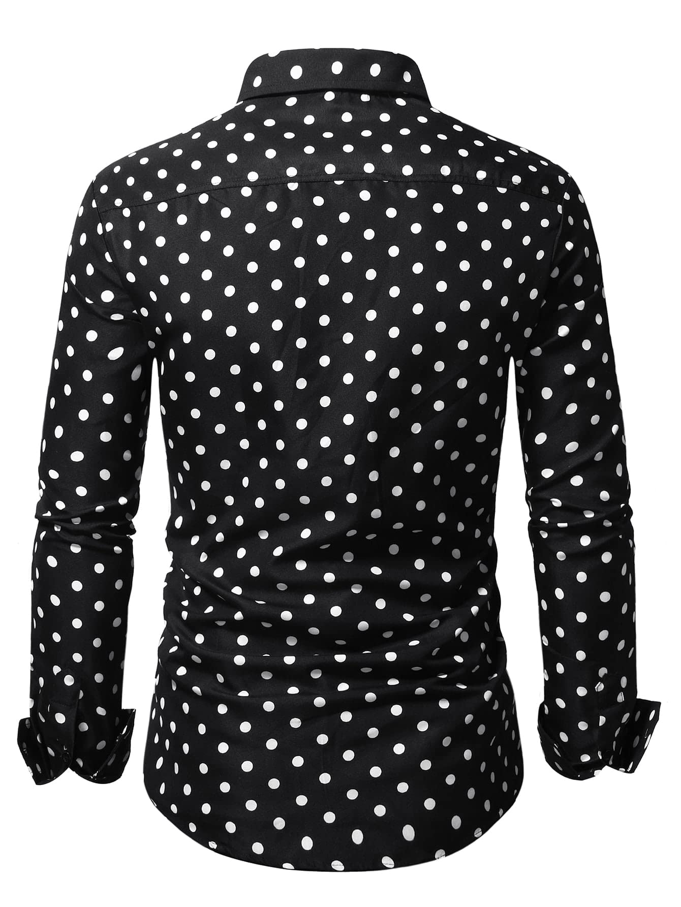WDIRARA Men's Polka Dots Button Front Long Sleeve Collar Shirt Casual Tops Black L