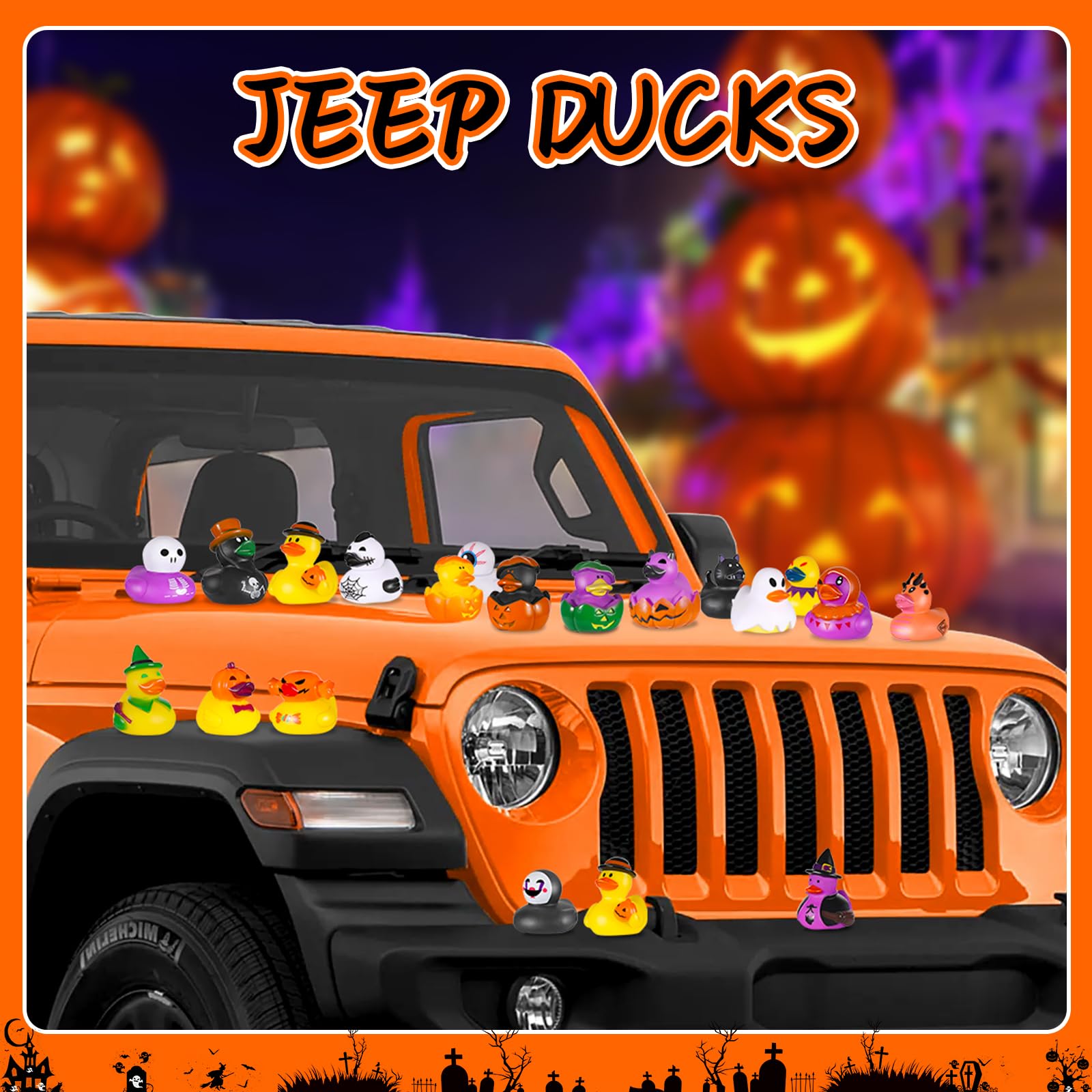 24 Pack Rubber Ducks with Bag - Halloween Party Favors & Bath Toys for Kids - Goodie Bag Fillers & Jeep Ducks for Gifting