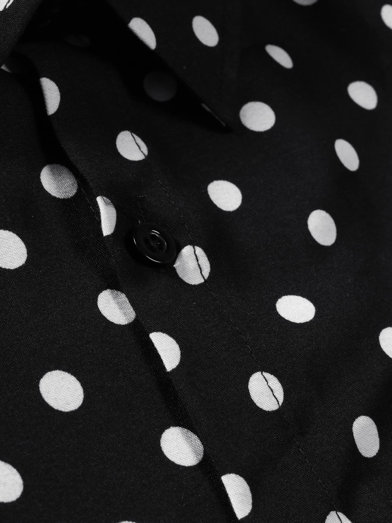 WDIRARA Men's Polka Dots Button Front Long Sleeve Collar Shirt Casual Tops Black L