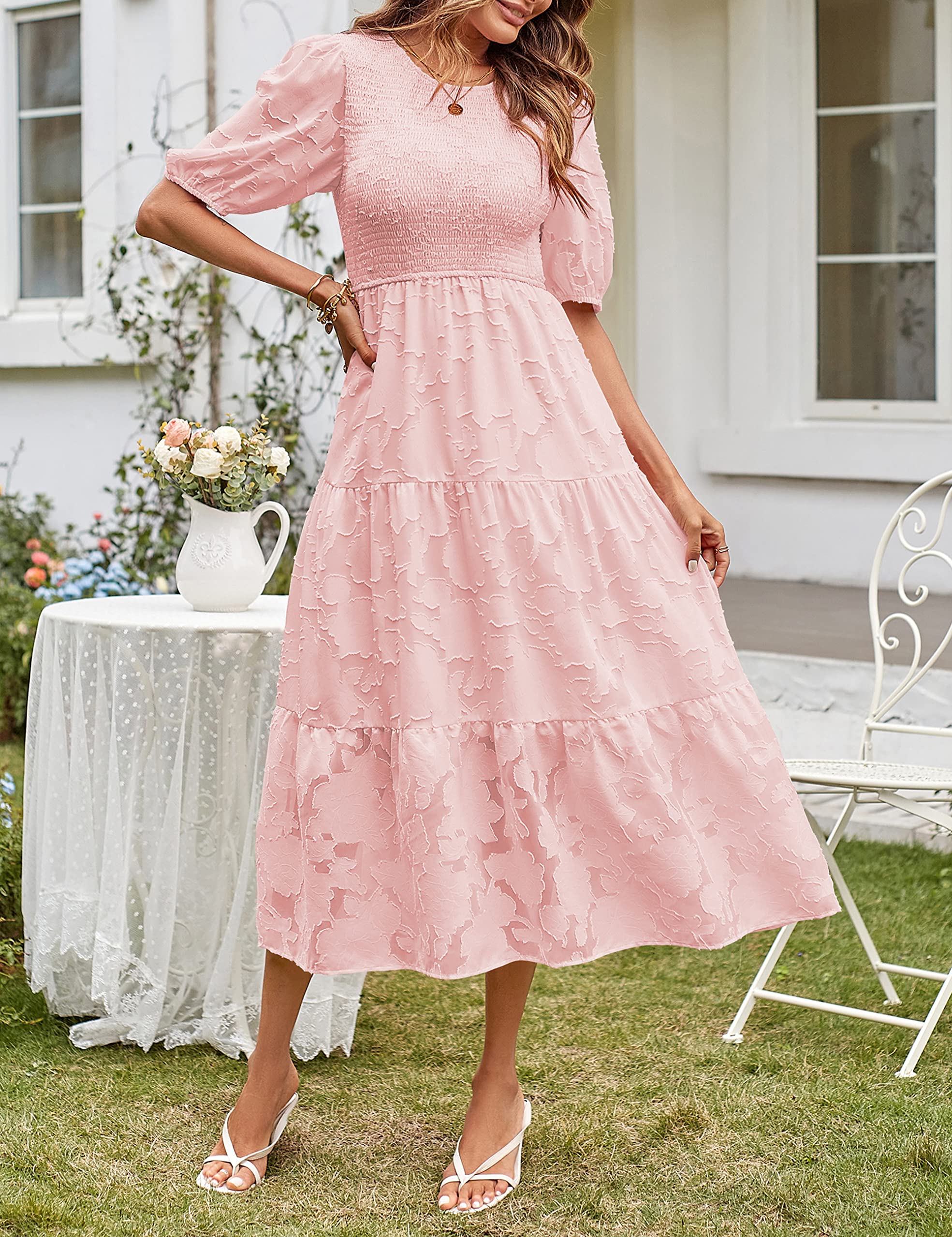 MEROKEETY Summer Dress for Women Elegant Smocked Short Puff Sleeve Floral Solid Midi Maxi Dresses,Pink,L