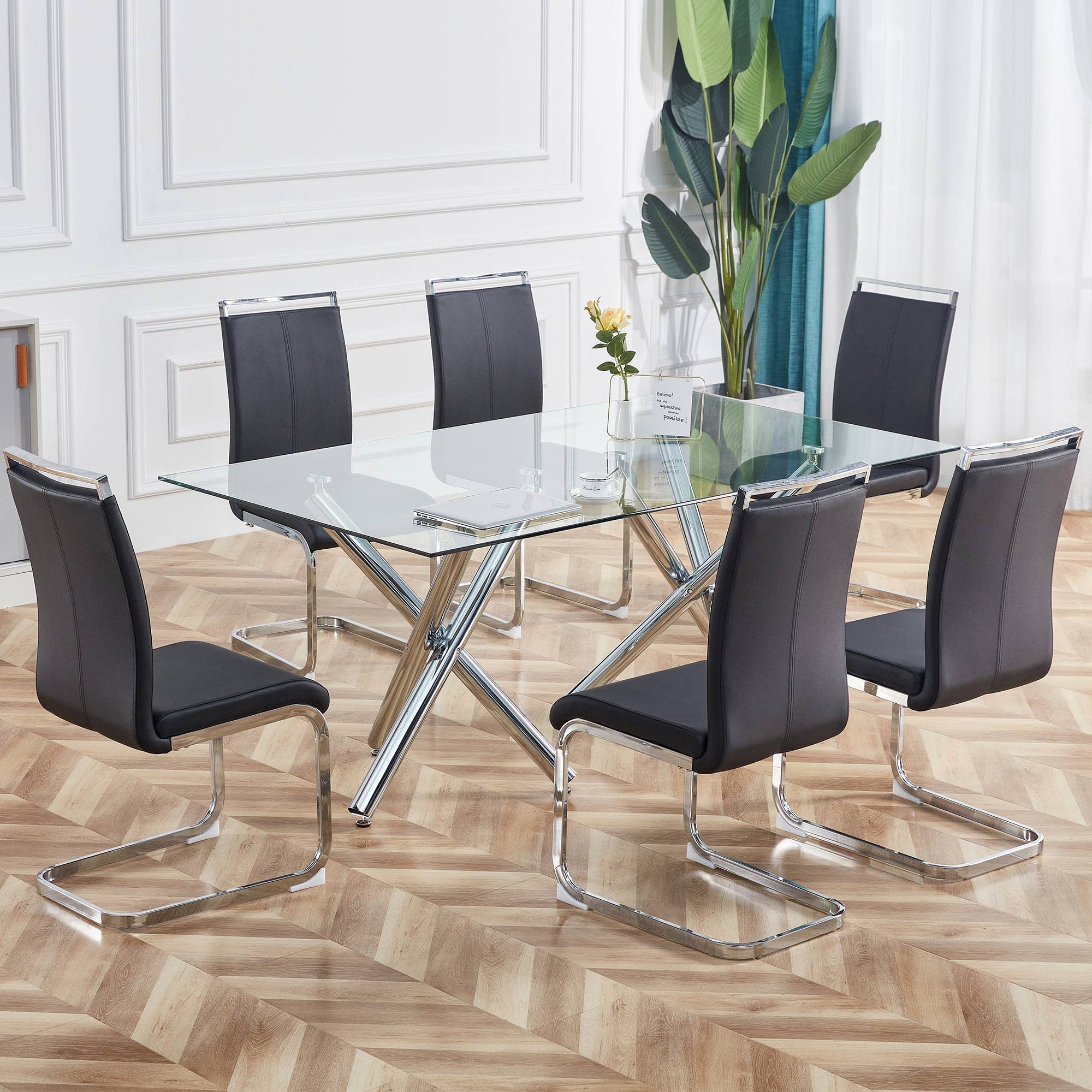 MEMUY Dining Chairs Set of 2,Morden High Back Side Dining Room Chairs, Kitchen Chairs with Faux Leather Padded Seat, Chairs for Dining Room,Kitchen, Living Room Black