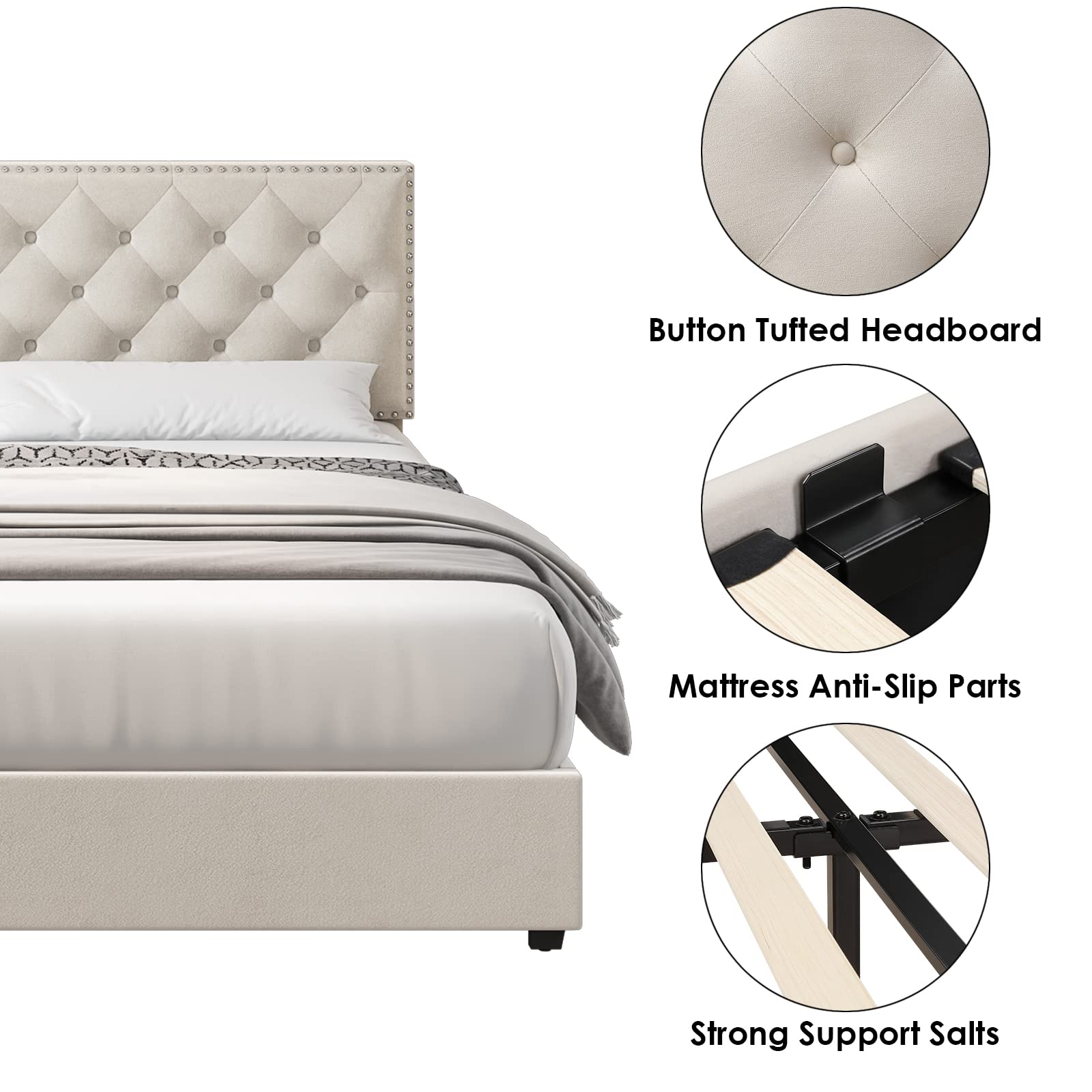 HOSTACK Full Size Bed Frame with 4 Storage Drawers, Modern Upholstered Platform Bed with Adjustable Headboard,Button Tufted Bed Frame with Wood Slat Support,No Box Spring Needed(Beige, Full)