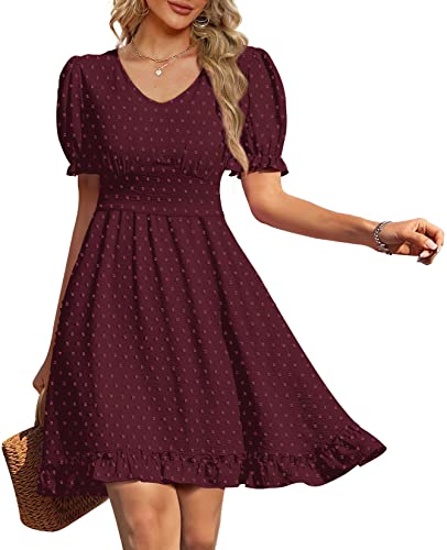 OFEEFAN Ladies Summer Dresses Puff Sleeve Summer Swiss Dot Dress for Women Wine Red L