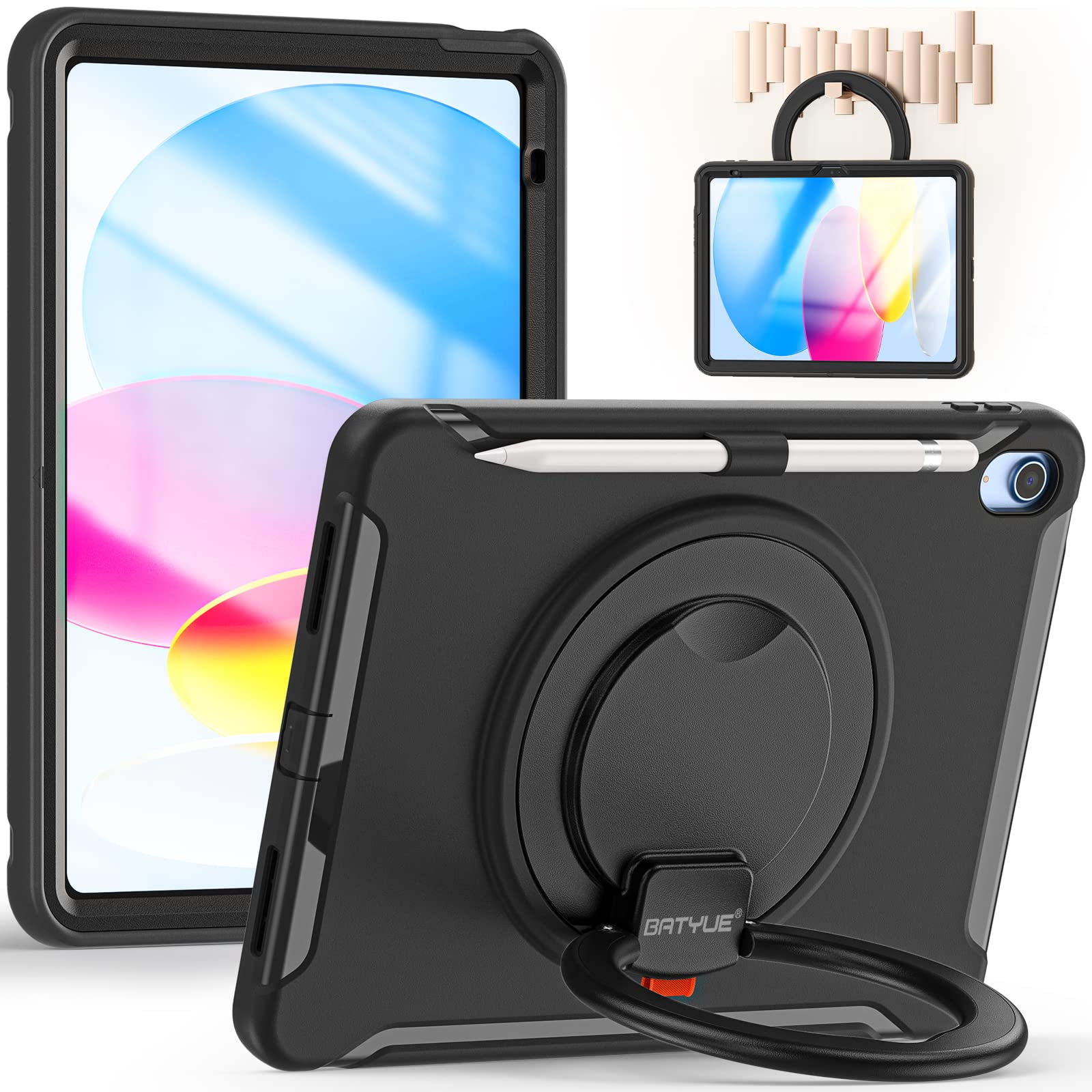 BATYUE Case for iPad (A16) 11th/10th Generation 10.9'' inch 2025/2022, Rugged Protective Shockproof Cover for Kids Girls with Screen Protector, 360ยฐ Rotating Stand, Pencil Holder, Black