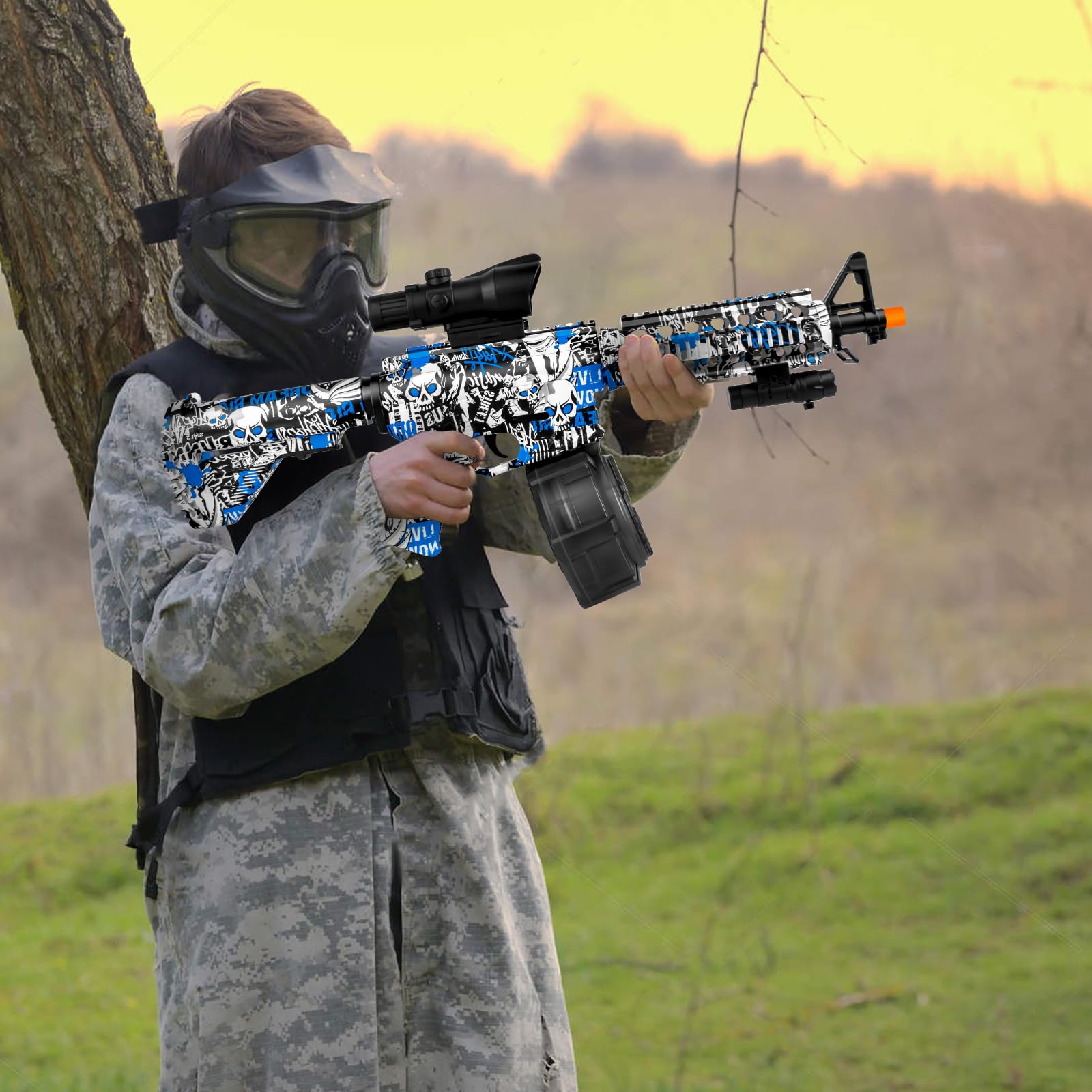 Electric Gel Ball Blaster Gun with Drum and Scope,Manual & Automatic Dual Mode, 40000 Water Beads, for Outdoor Activities - Shooting Team Game, Ages 12+ , Blue Devil