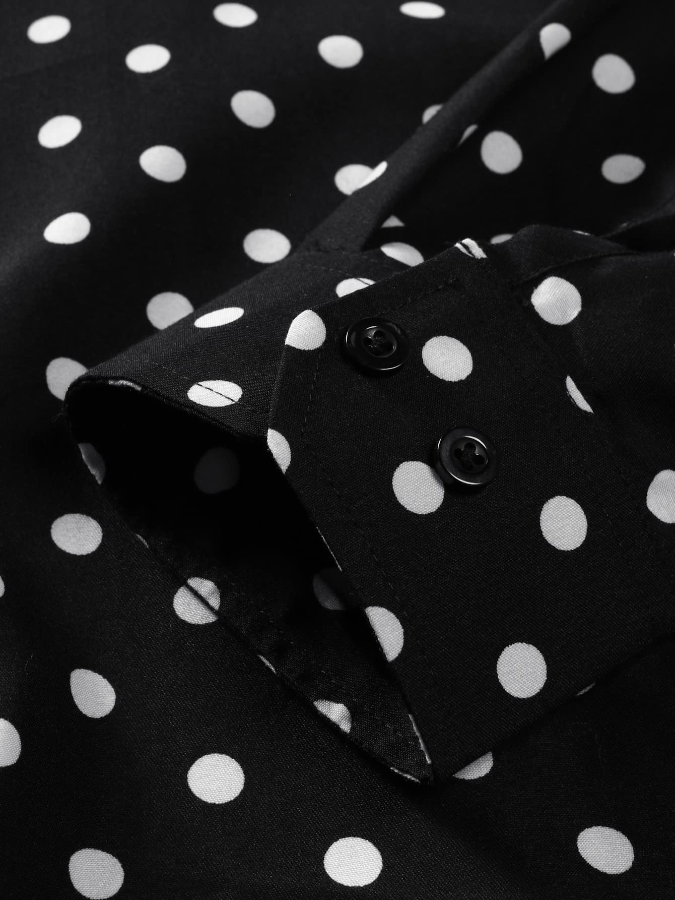 WDIRARA Men's Polka Dots Button Front Long Sleeve Collar Shirt Casual Tops Black L