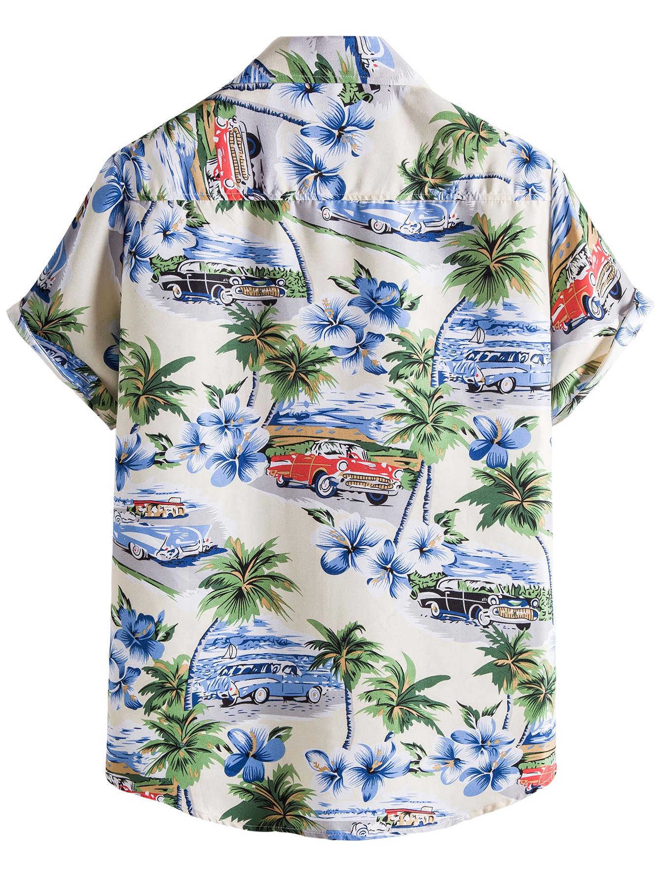 Floerns Men's Casual Tropical Print Button Down Short Sleeve Hawaiian Shirt White Car L