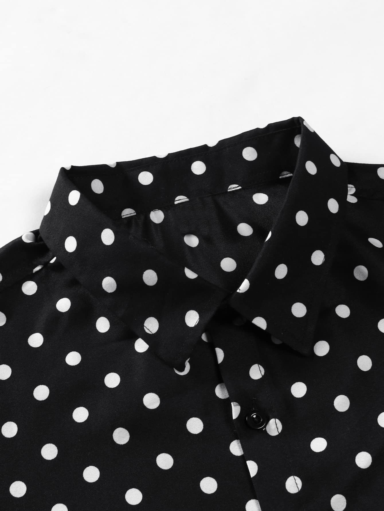 WDIRARA Men's Polka Dots Button Front Long Sleeve Collar Shirt Casual Tops Black L