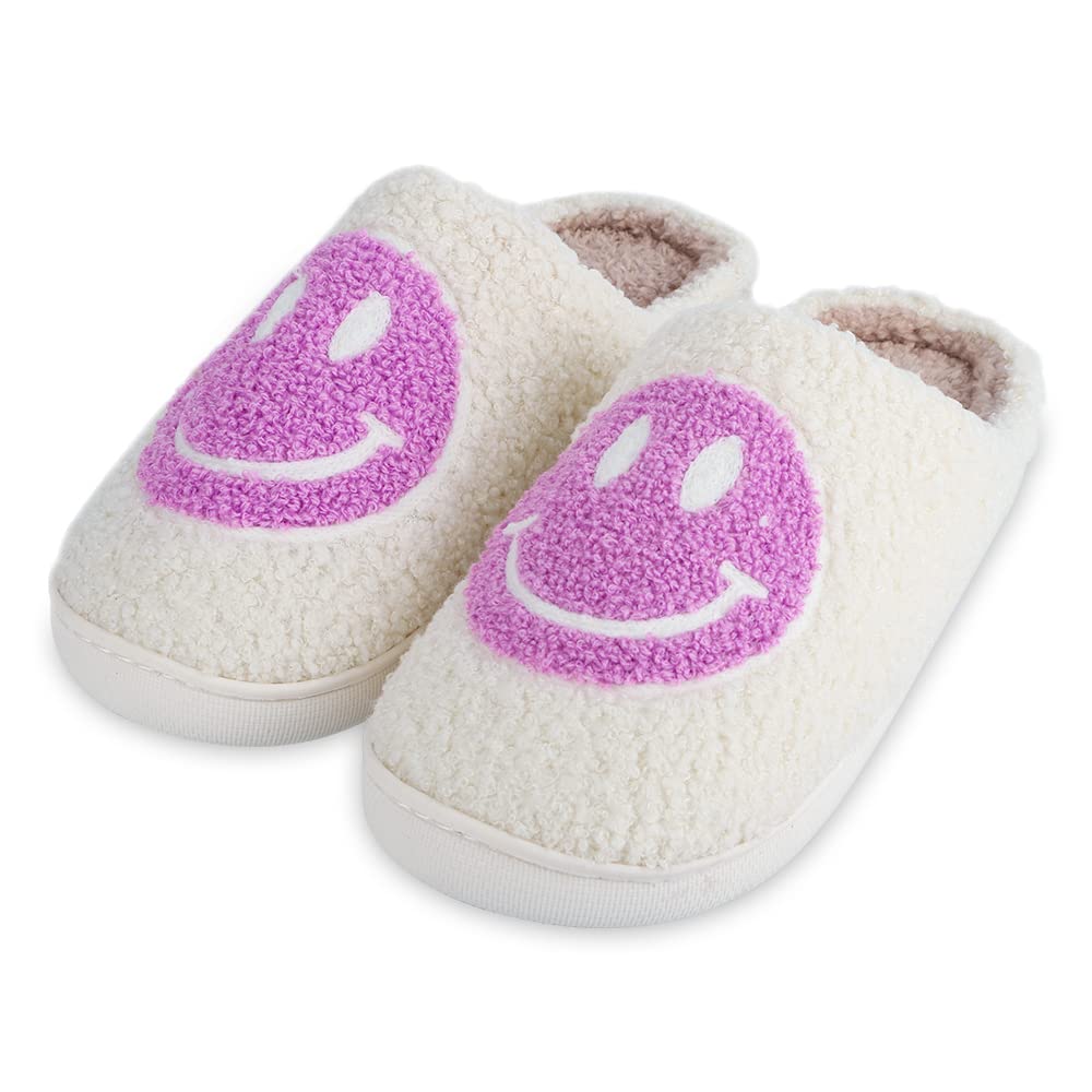 RaepperHan Smile Face Slippers, Ladies Retro Soft Plush Lightweight Home Slippers Slip On Comfortable Indoor Outdoor Non-Slip Sole Cute Fashion Gift White-purple, 7.5-8.5 Women/6-7 Men