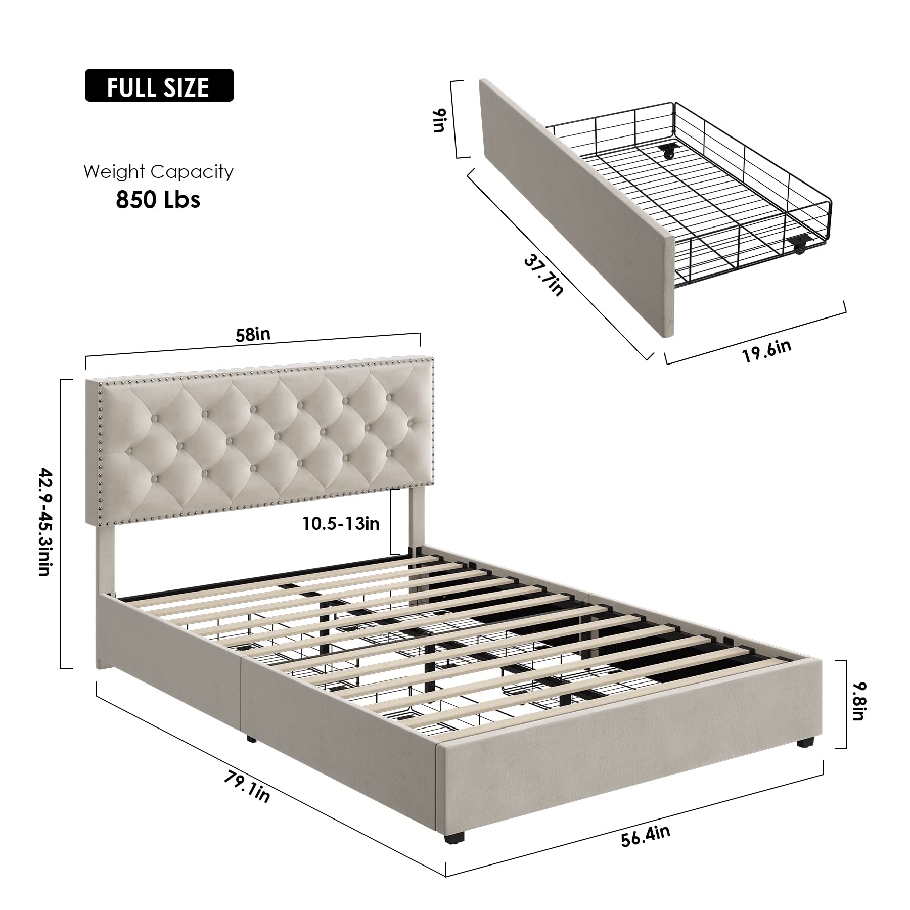HOSTACK Full Size Bed Frame with 4 Storage Drawers, Modern Upholstered Platform Bed with Adjustable Headboard,Button Tufted Bed Frame with Wood Slat Support,No Box Spring Needed(Beige, Full)