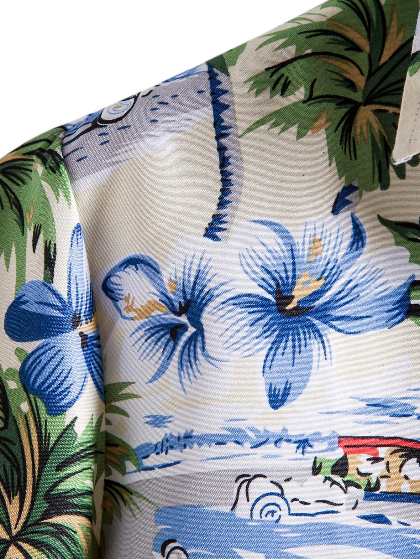 Floerns Men's Casual Tropical Print Button Down Short Sleeve Hawaiian Shirt White Car L