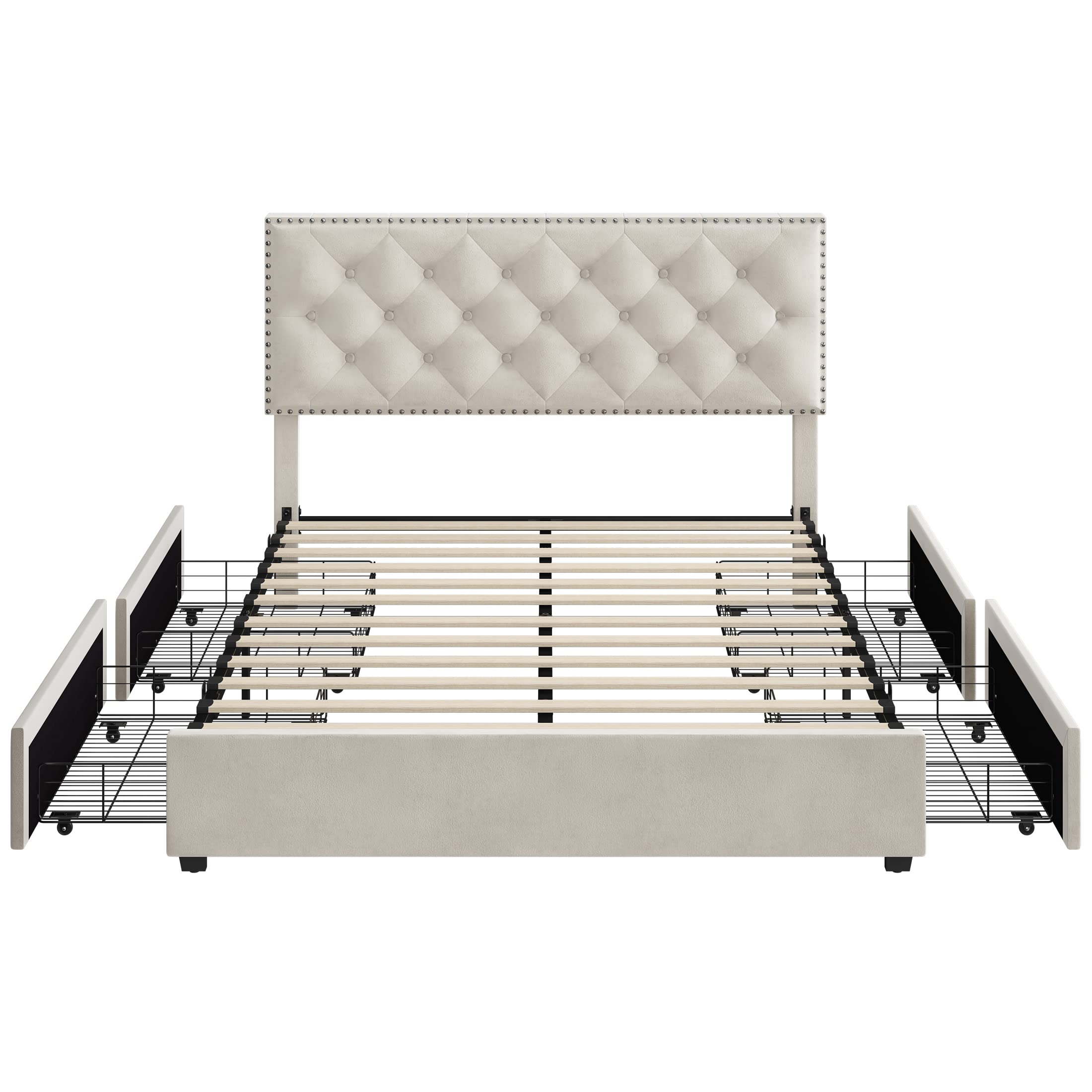 HOSTACK Full Size Bed Frame with 4 Storage Drawers, Modern Upholstered Platform Bed with Adjustable Headboard,Button Tufted Bed Frame with Wood Slat Support,No Box Spring Needed(Beige, Full)