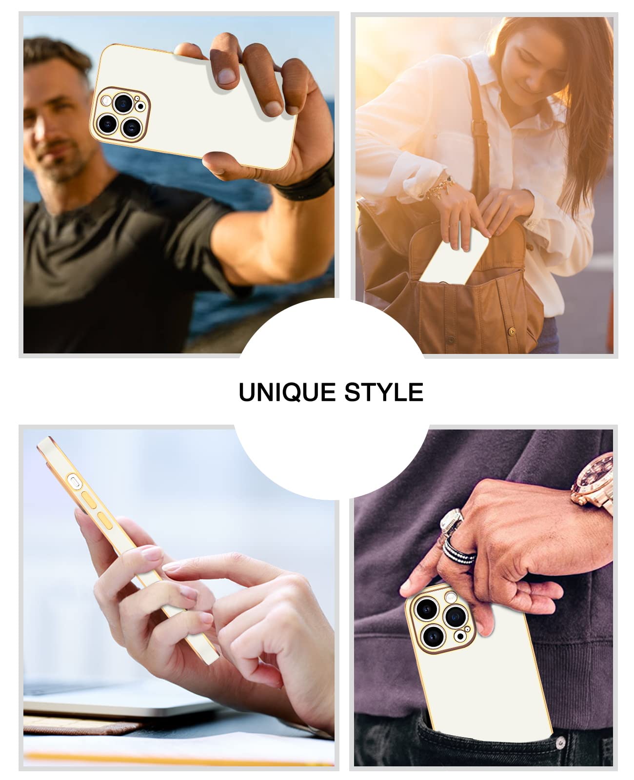 BENTOBEN Compatible with iPhone 14 Pro Max Case, Slim Luxury Electroplated Bumper Women Men Girl Protective Soft Case Cover with Strap for iPhone 14 Pro Max 6.7 inch,White/Gold
