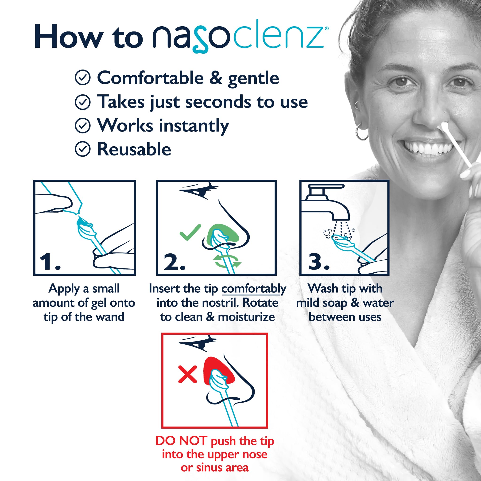 NasoClenz Nasal Cleansing Kit β Gentle, Washable Wand & Antiseptic Gel, Nose Cleaner reduces germs & Nasal Moisturizer for Fast Dry Nose & Allergy Relief (Unscented 4 Count, up to 50 uses)