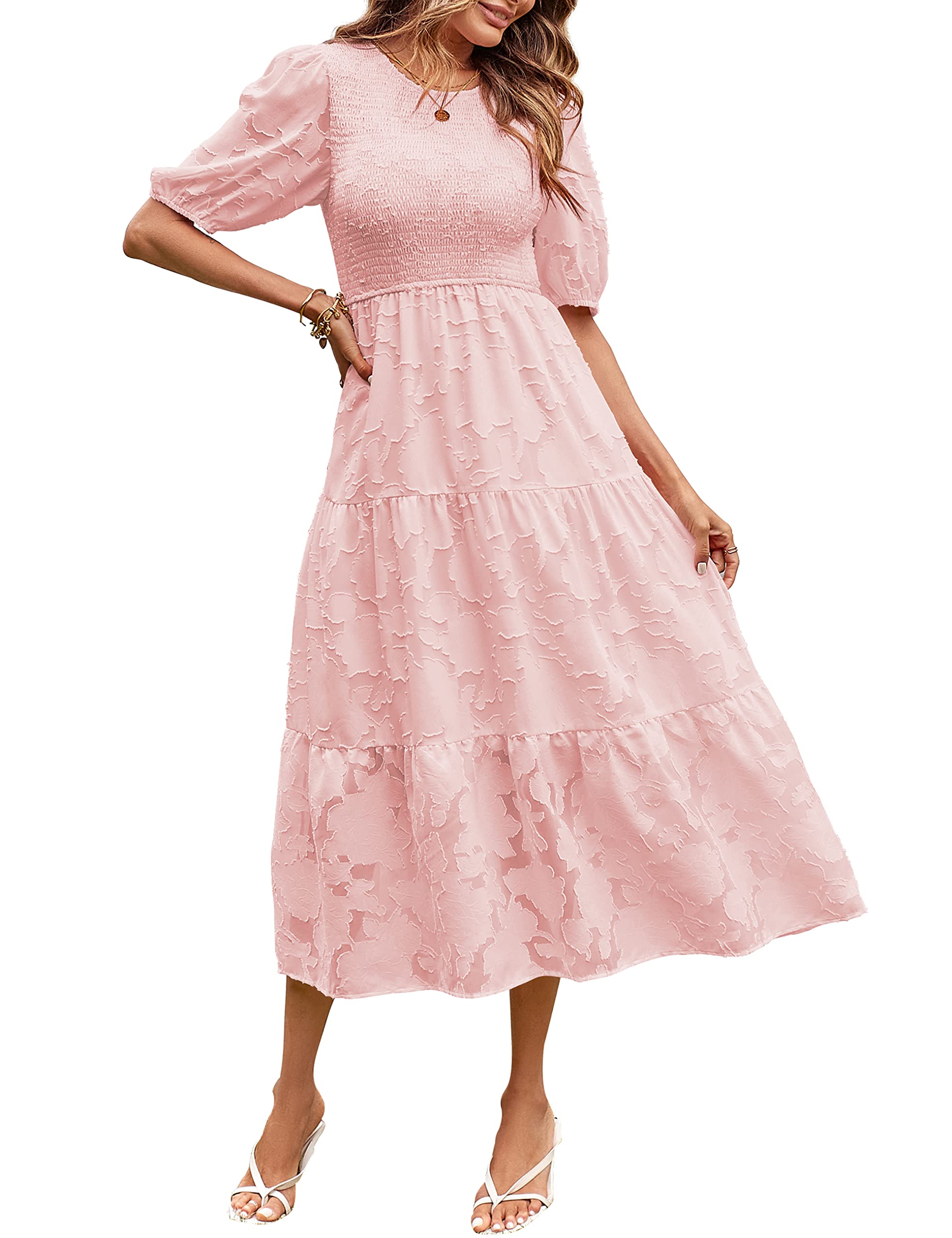 MEROKEETY Summer Dress for Women Elegant Smocked Short Puff Sleeve Floral Solid Midi Maxi Dresses,Pink,L