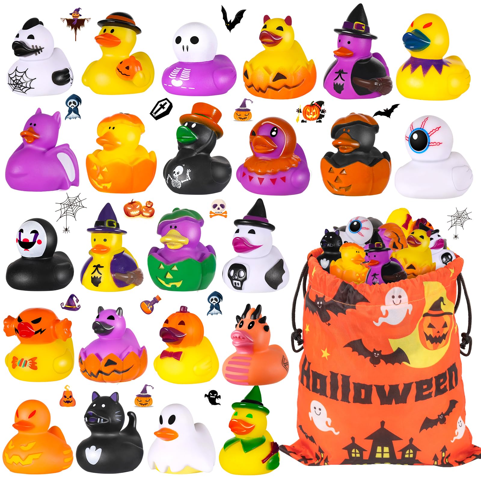24 Pack Rubber Ducks with Bag - Halloween Party Favors & Bath Toys for Kids - Goodie Bag Fillers & Jeep Ducks for Gifting