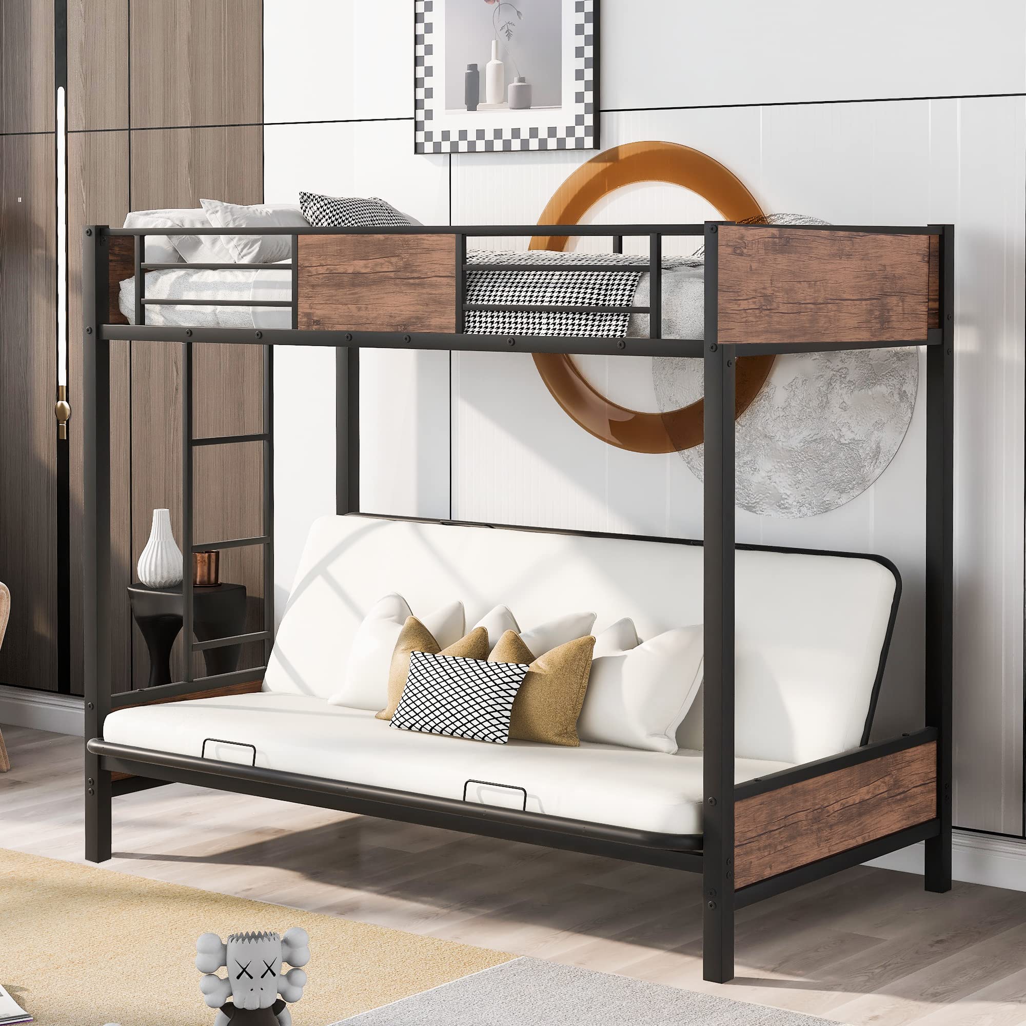 Harper & Bright Designs Twin Over Futon Bunk Bed, Metal Bunk Bed Convertible Couch and Bed, Twin Over Full/Futon Bunk Bed Frame for Kids Teens Adults Dorm, No Box Spring Needed (Black)