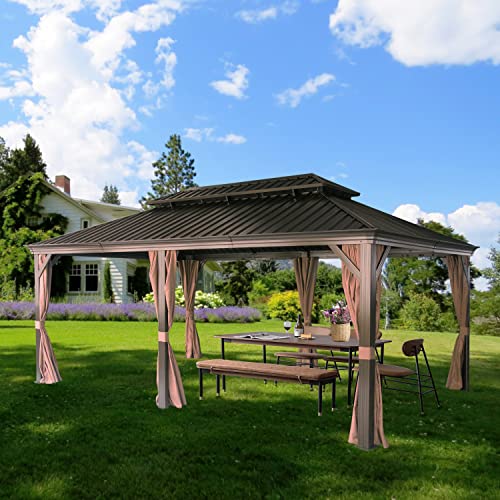 Hard Top Gazebo, Galvanized Steel Double-Layer Roof Aluminum Outdoor Gazebo, with Curtains and Nets, Permanent Use Backyard Pavilion, Suitable for Patio, Garden and Lawn (12'x20', Brown)