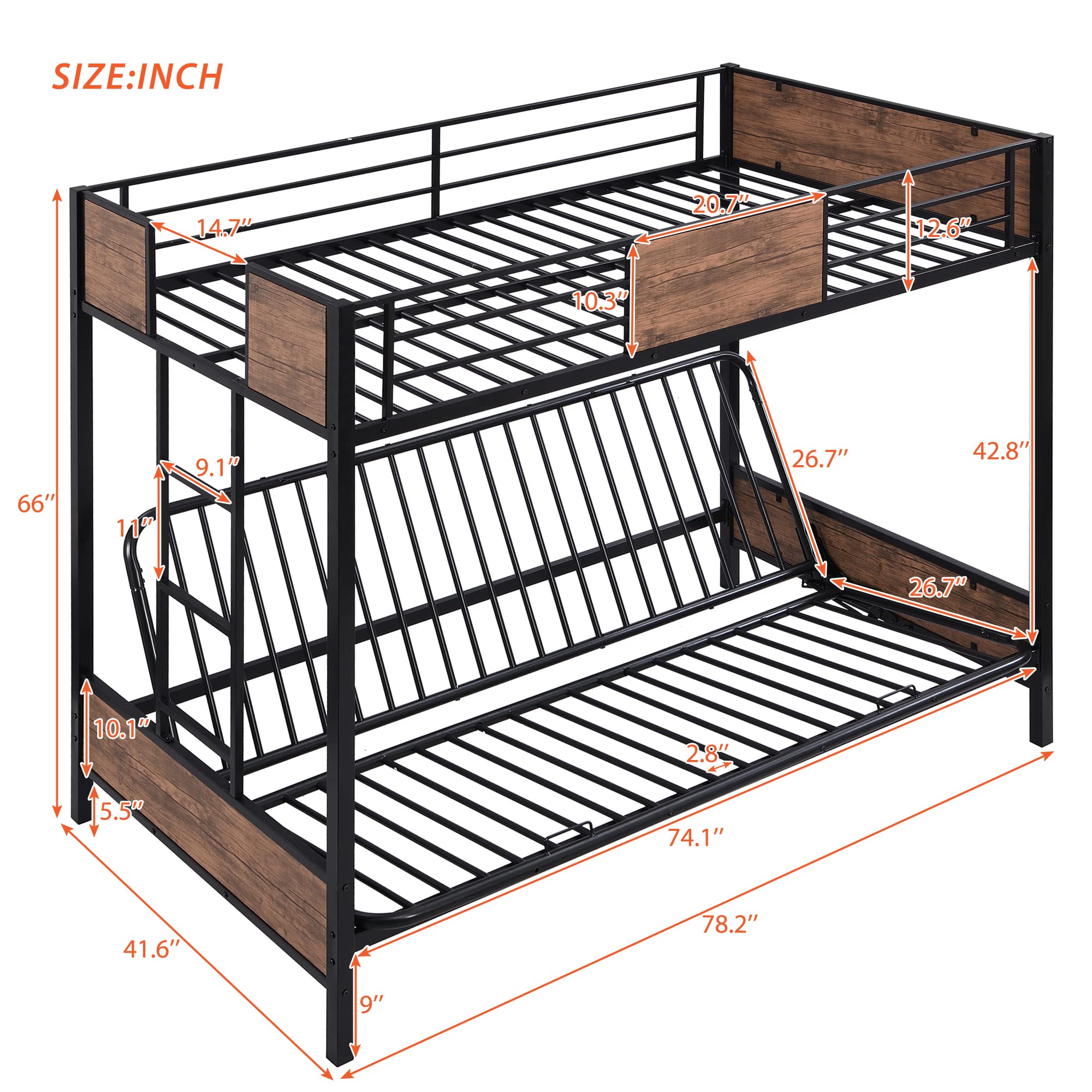 Harper & Bright Designs Twin Over Futon Bunk Bed, Metal Bunk Bed Convertible Couch and Bed, Twin Over Full/Futon Bunk Bed Frame for Kids Teens Adults Dorm, No Box Spring Needed (Black)