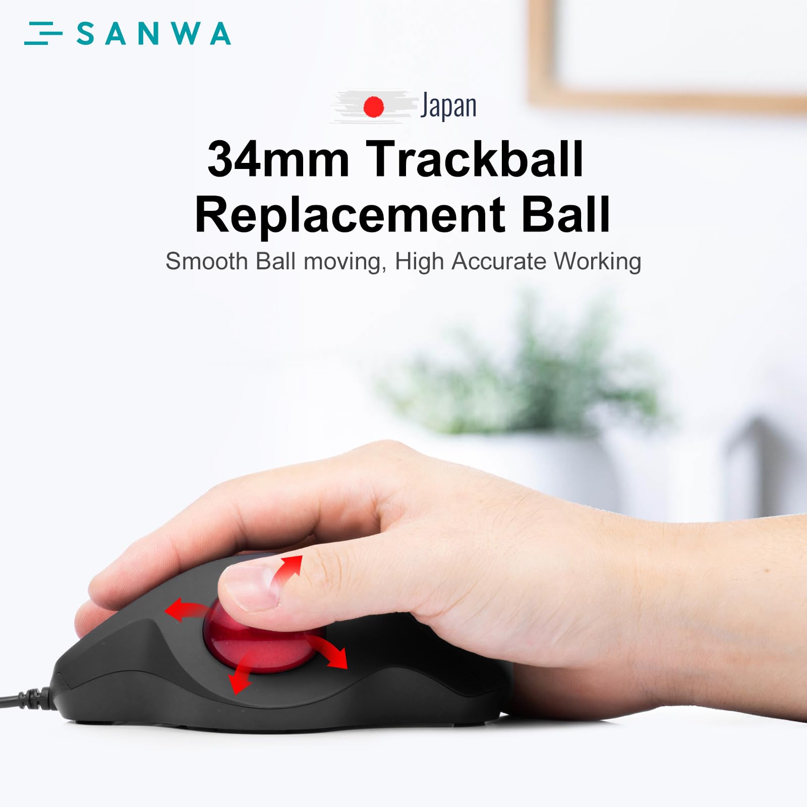 SANWA Small Trackball 34mm/1.34in, Replacement Ball for Logitech M575, M570, MX Ergo, ELECOM, Kensington, Perixx, and Other Compatible Trackball Mice, Glossy Red