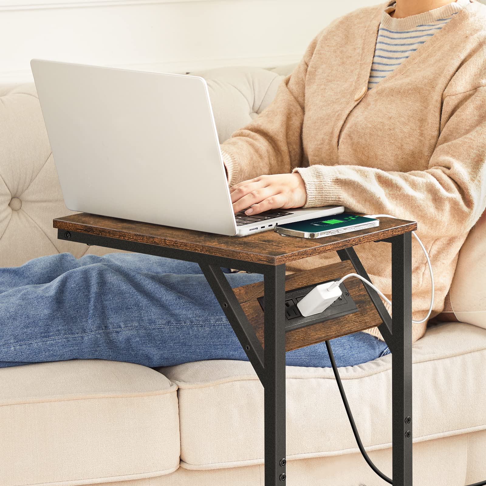MAHANCRIS C Shaped End Table with Charging Station, Sofa Table with USB Ports and Outlets for Small Spaces, Small Side Table for Living Room, Bedroom, C Couch Table, Rustic Brown ETHR06E01