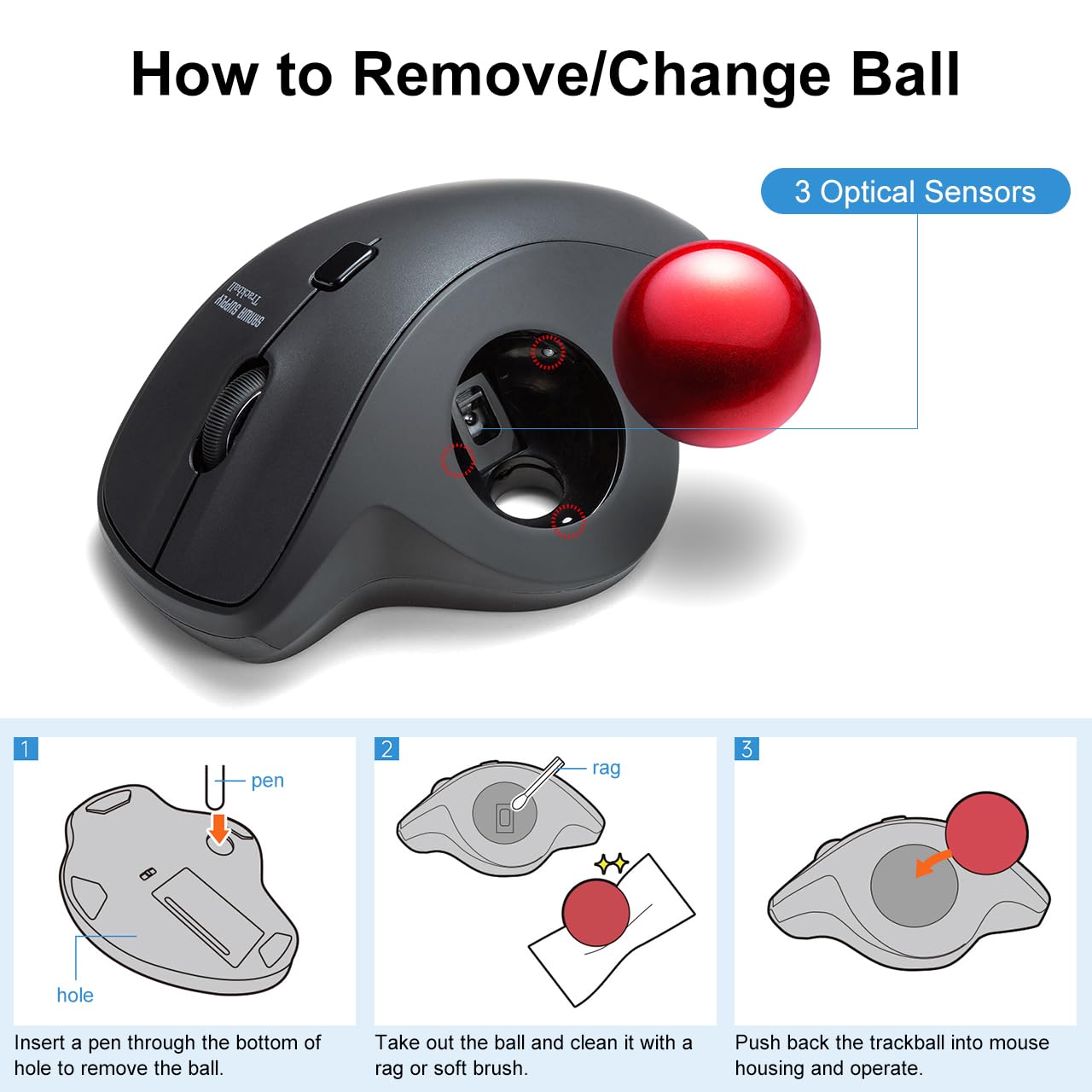 SANWA Small Trackball 34mm/1.34in, Replacement Ball for Logitech M575, M570, MX Ergo, ELECOM, Kensington, Perixx, and Other Compatible Trackball Mice, Glossy Red