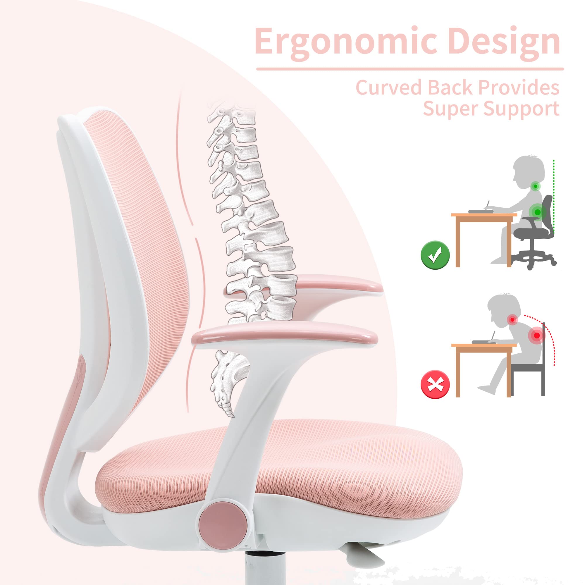 HOMEFUN Kids Desk Chair, Computer Chairs with Armrest and Footrest for Boys Girls Cute Mesh Ergonomic with Adjustable Height Swivel Safe Sit-Locking Casters Pink