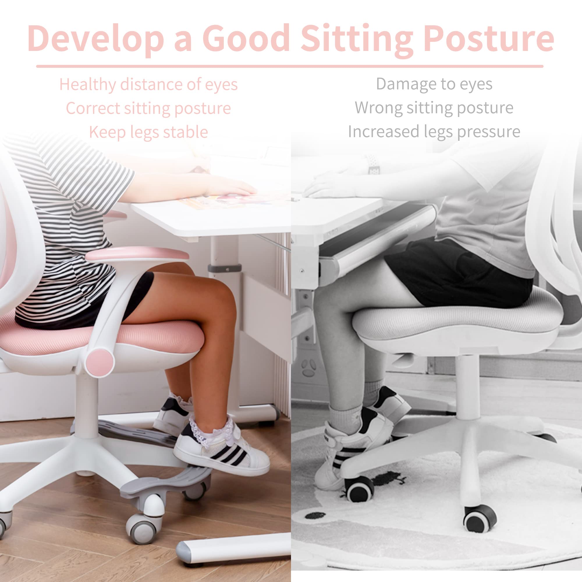 HOMEFUN Kids Desk Chair, Computer Chairs with Armrest and Footrest for Boys Girls Cute Mesh Ergonomic with Adjustable Height Swivel Safe Sit-Locking Casters Pink