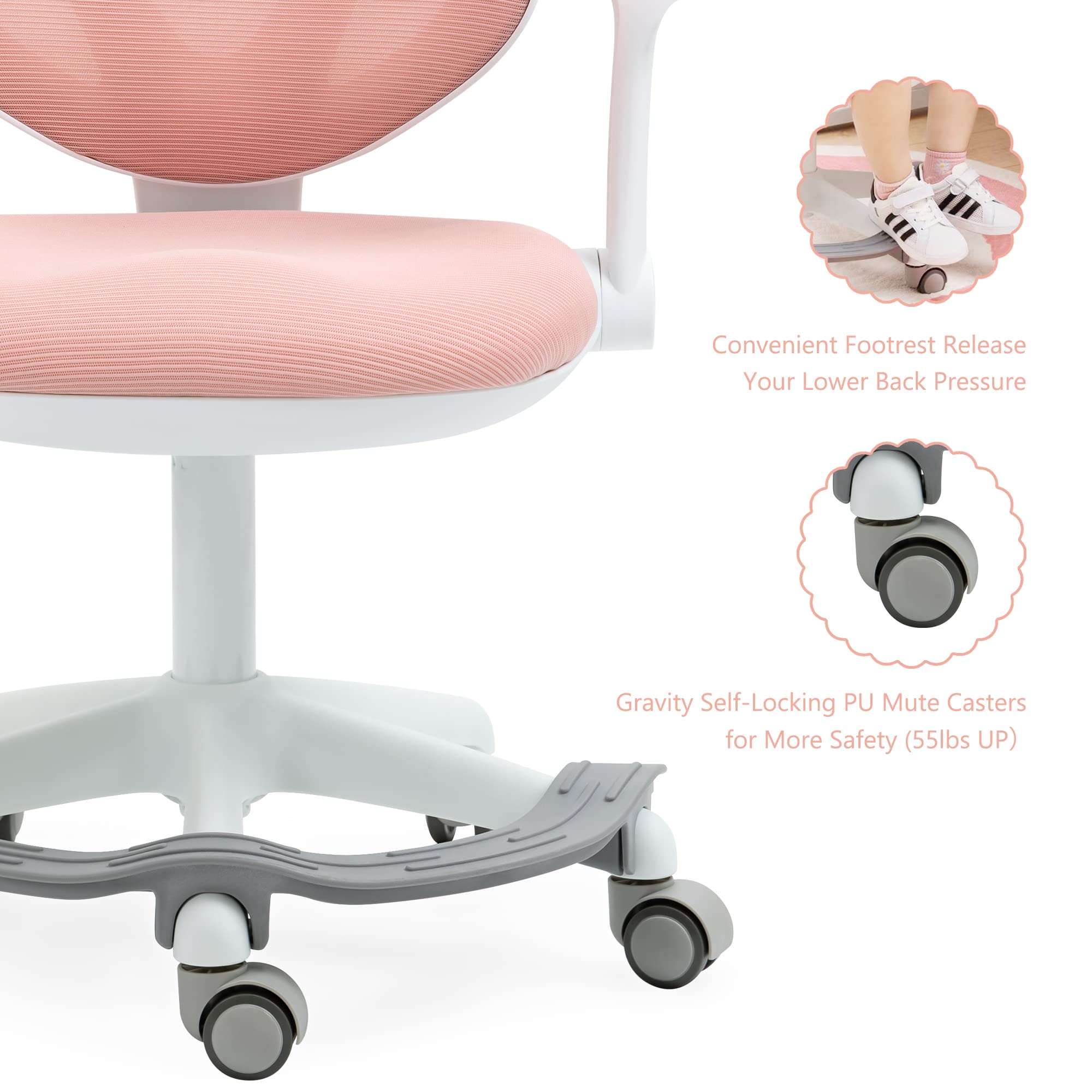 Villeston Cute Kids Desk Chair - Computer Study Reading Office Swivel Chairs for Boys Girls Teens with Adjustable Armrests and Footrest Pink